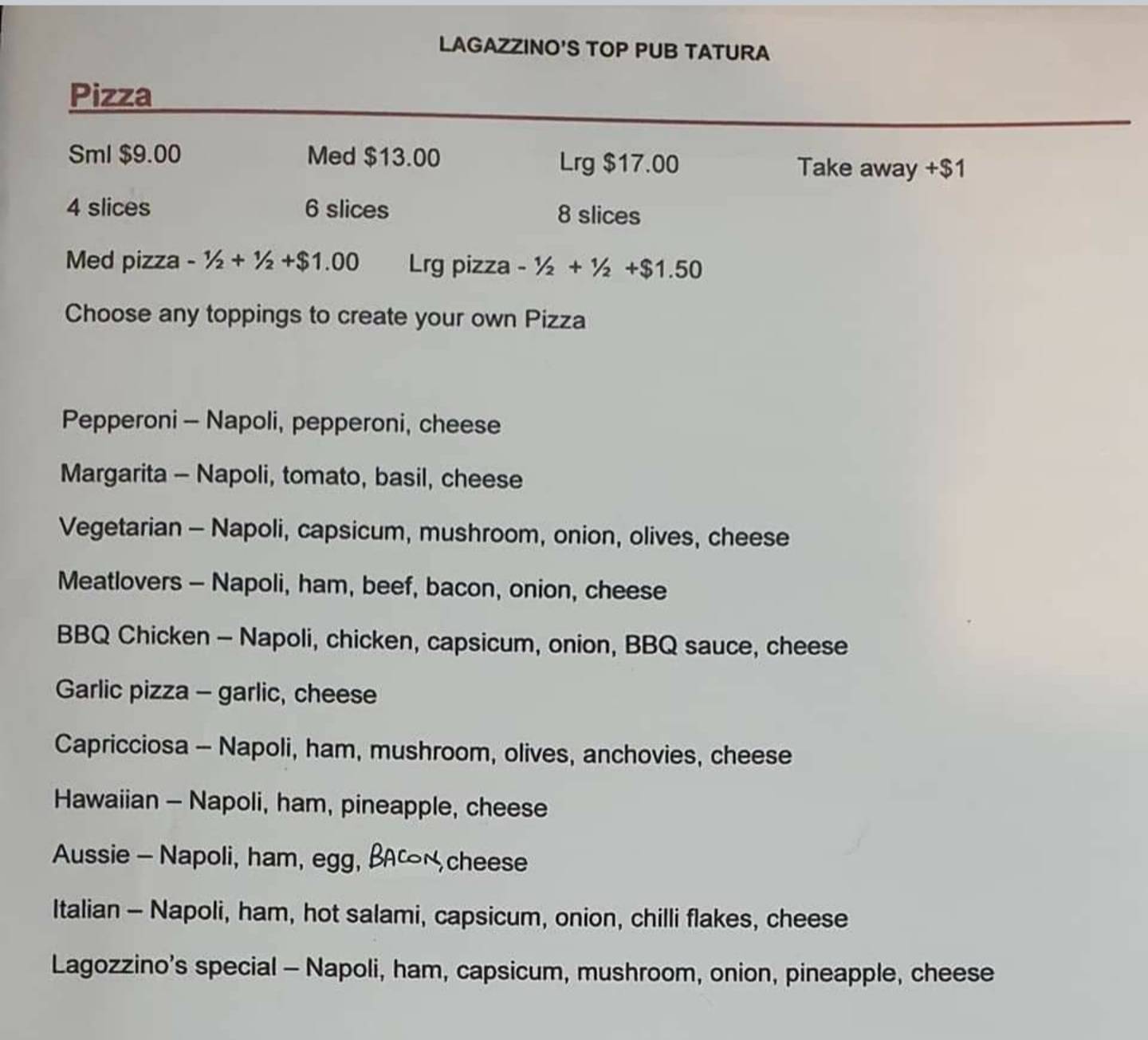 Menu at The Top Pub, Tatura