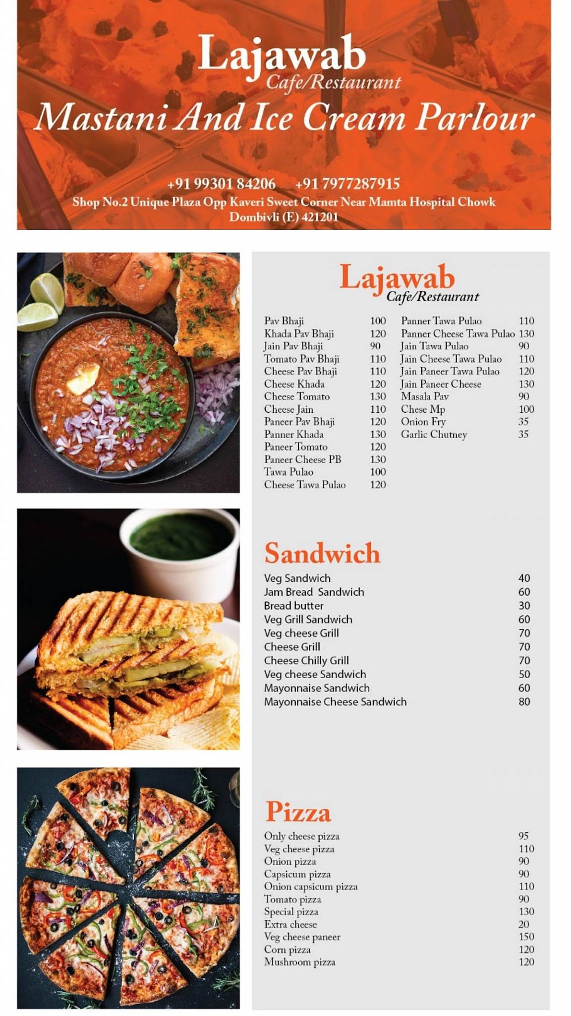 Menu at Lajawab Cafe/ Restaurant, Mastani and Ice-Cream parlour., Dombivli