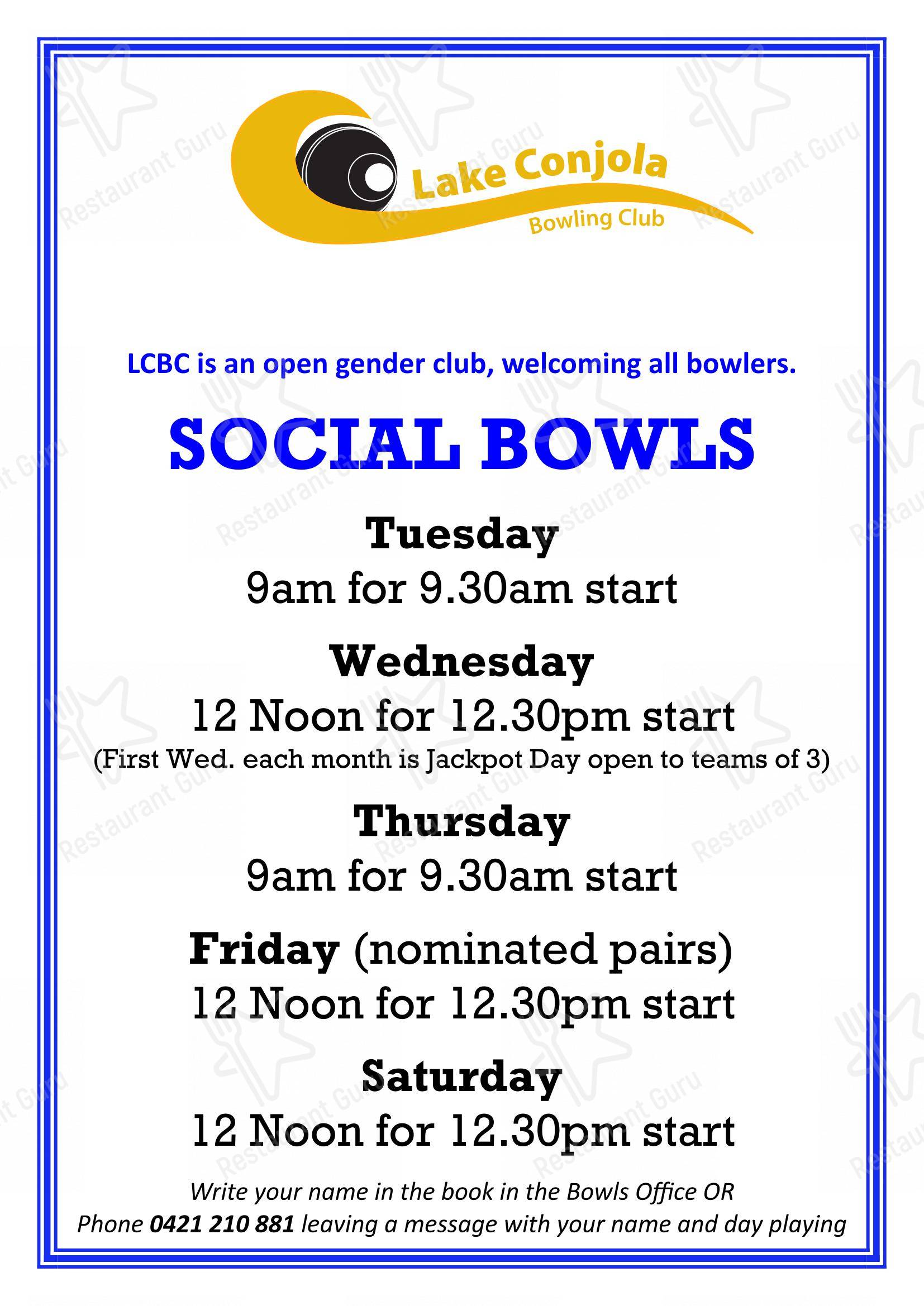 Menu at Lake Conjola Bowling Club, Lake Conjola