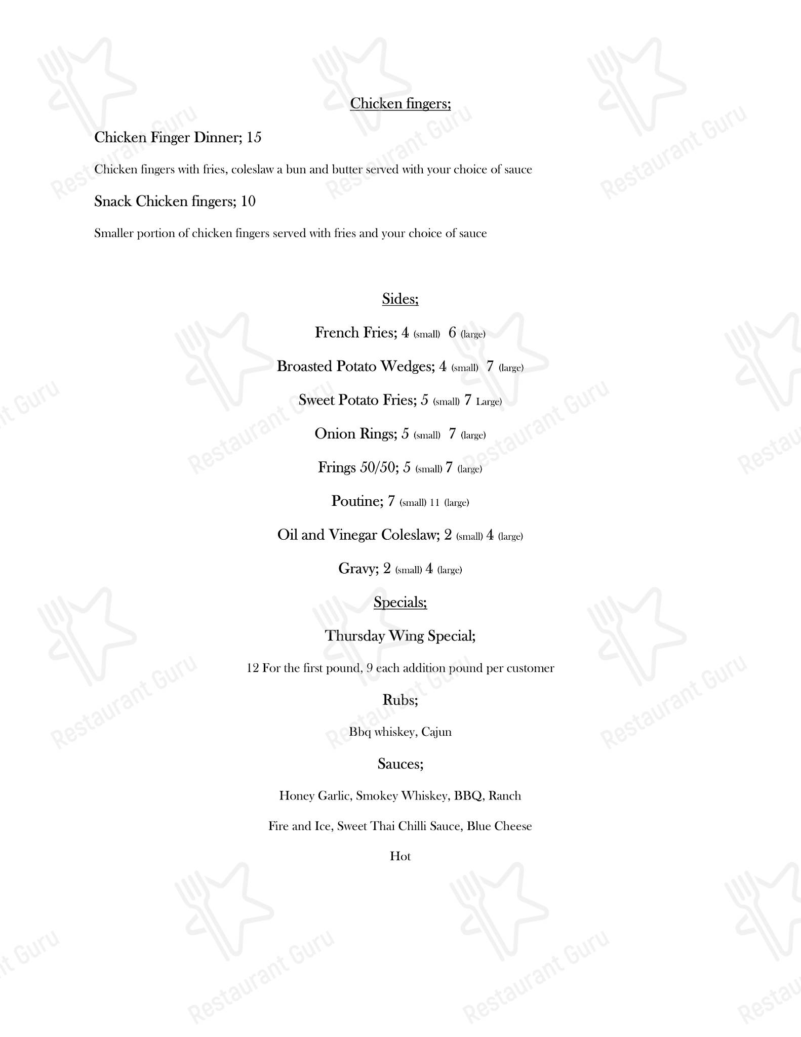 Menu at Stoney Point Sportsmen's Club, Lakeshore
