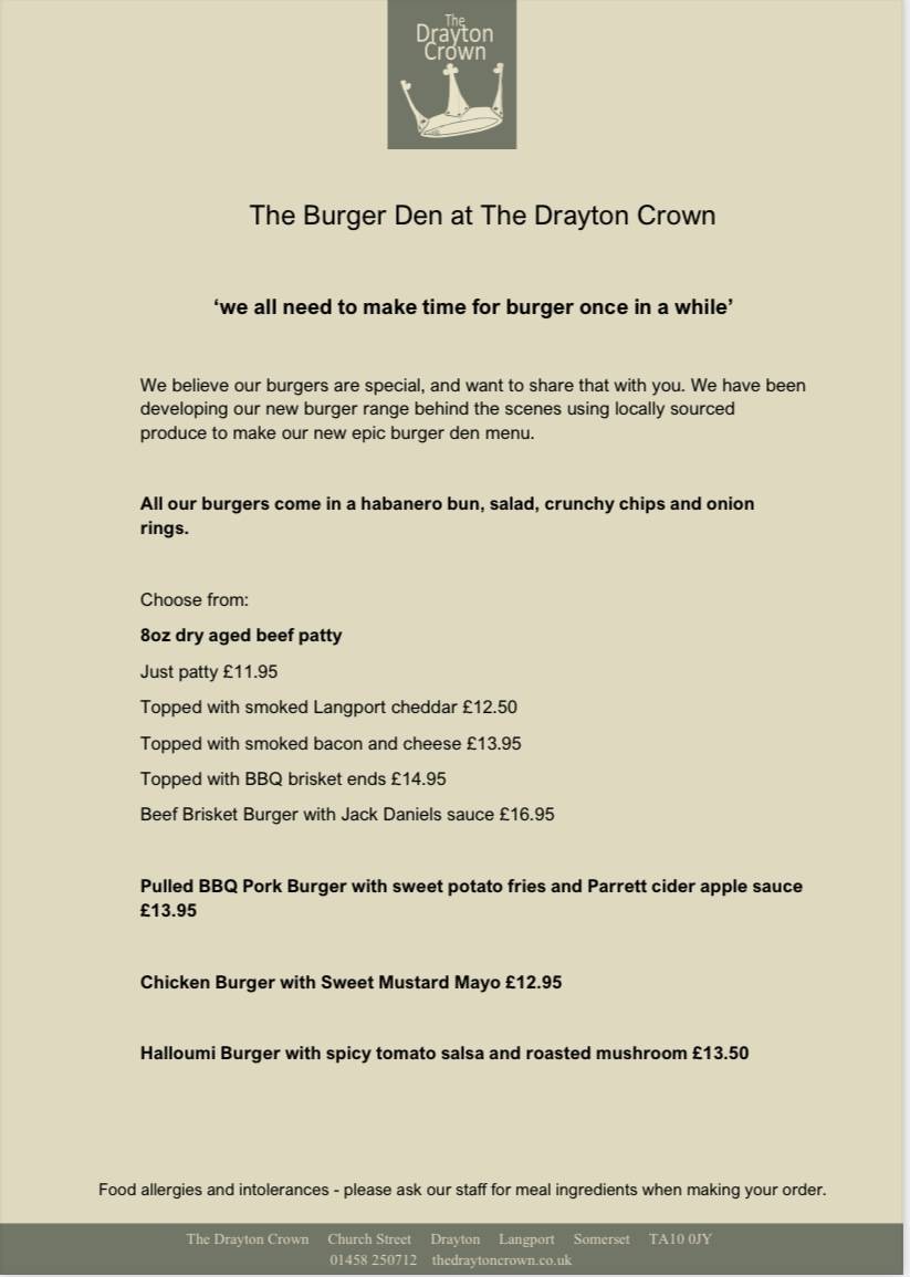 Menu at The Drayton Crown pub & bar, Langport