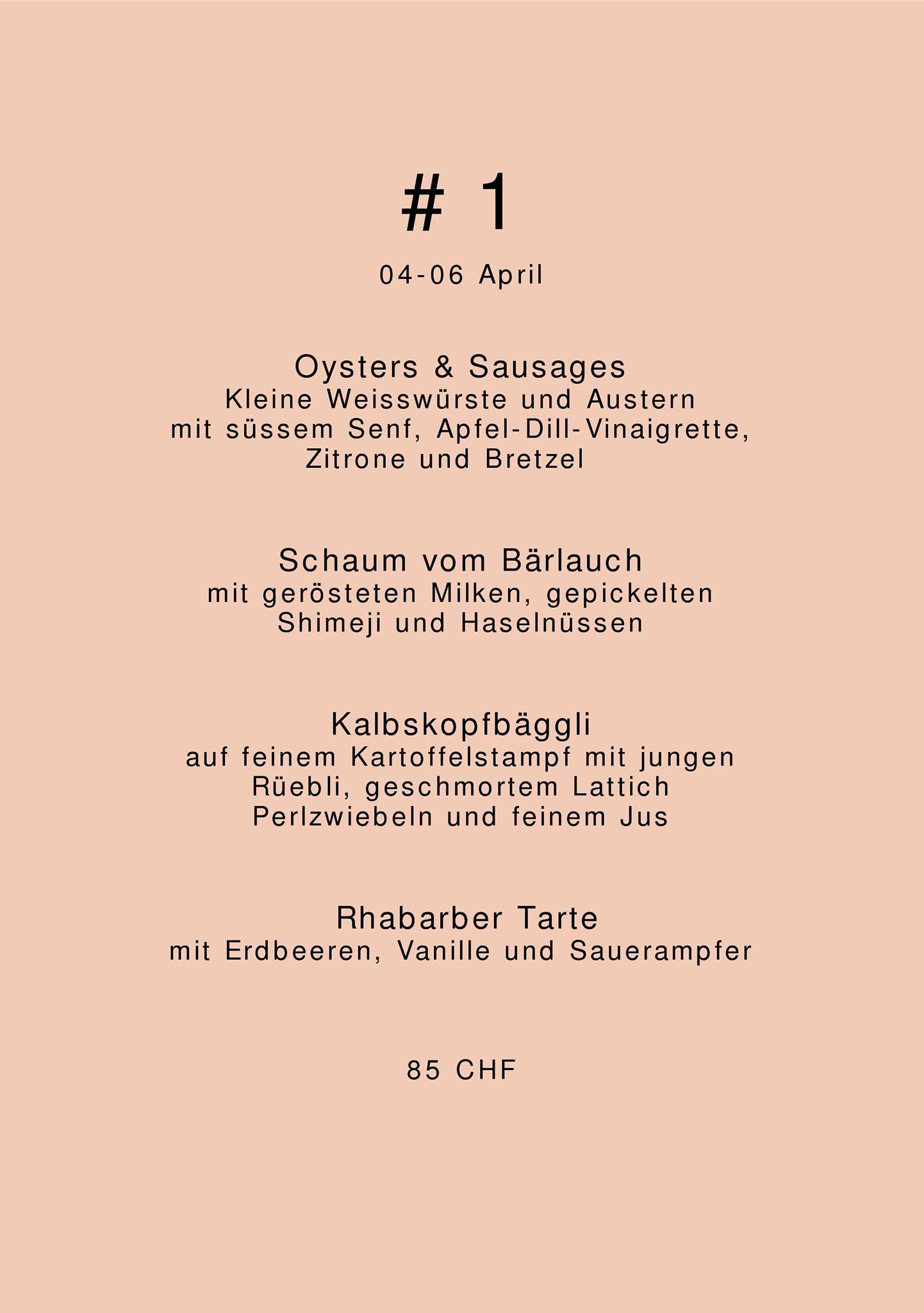 Menu da L'appartement Zürich, Zurigo