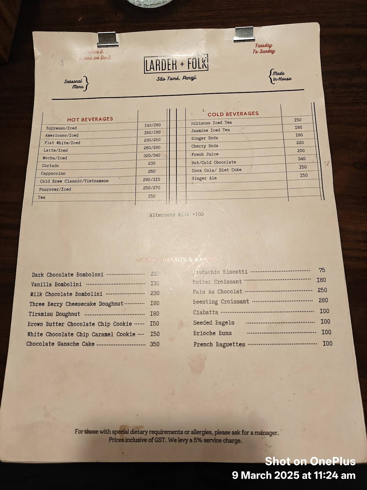 Menu at Larder and Folk, Dona Paula