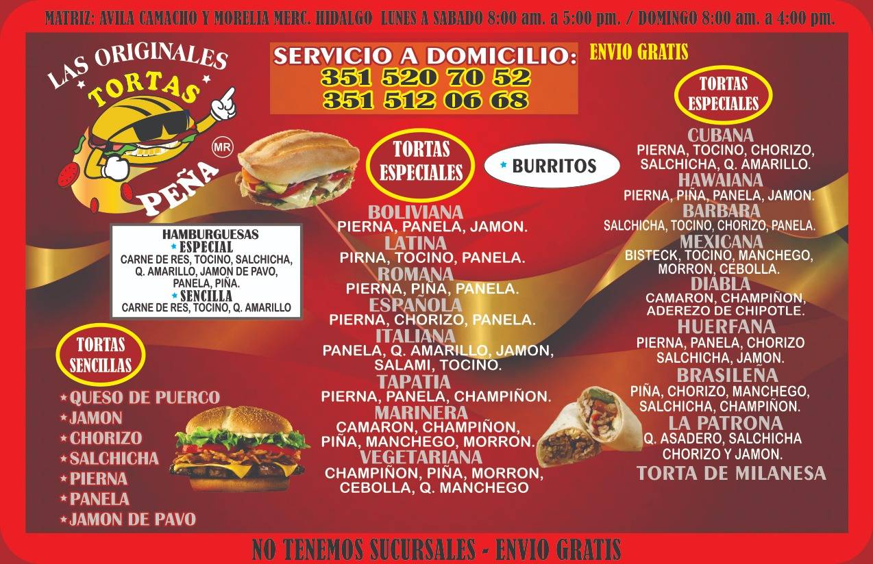 Carta del restaurante Las Originales Tortas Peña Zamora, Pajacuarán