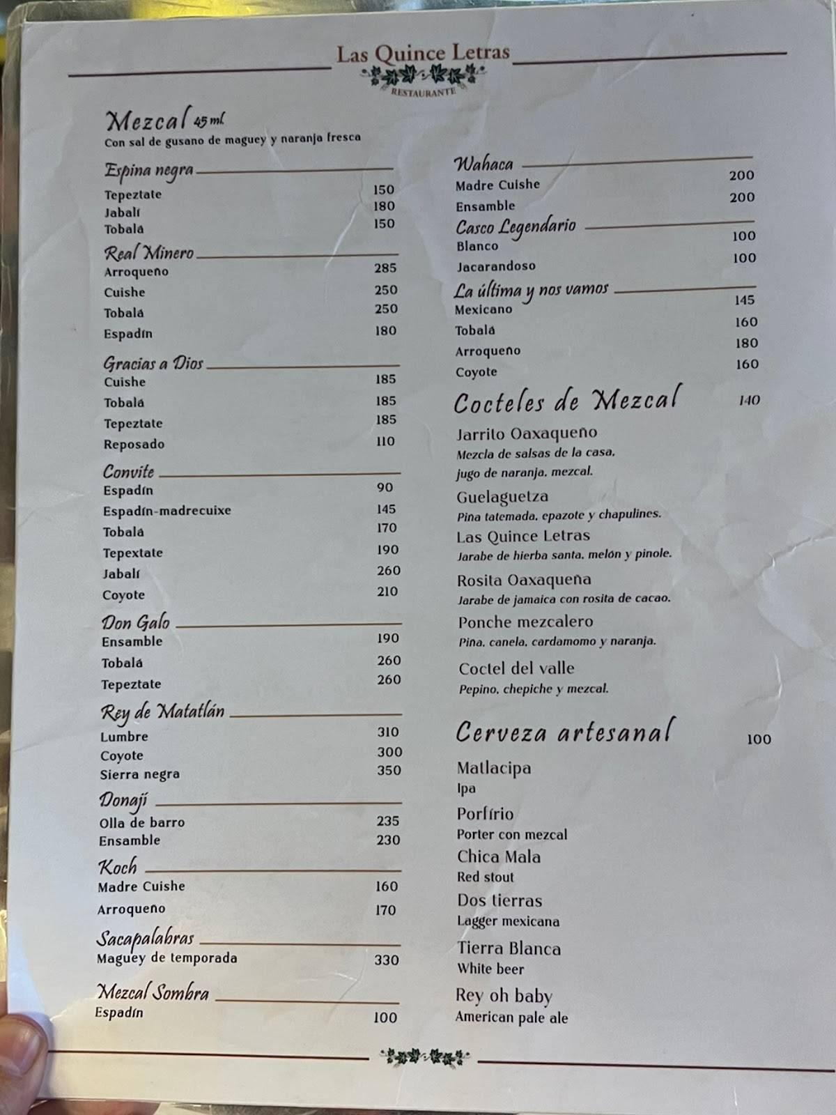 Carta de Las Quince Letras Restaurante, Oaxaca, C. de Mariano Abasolo 300