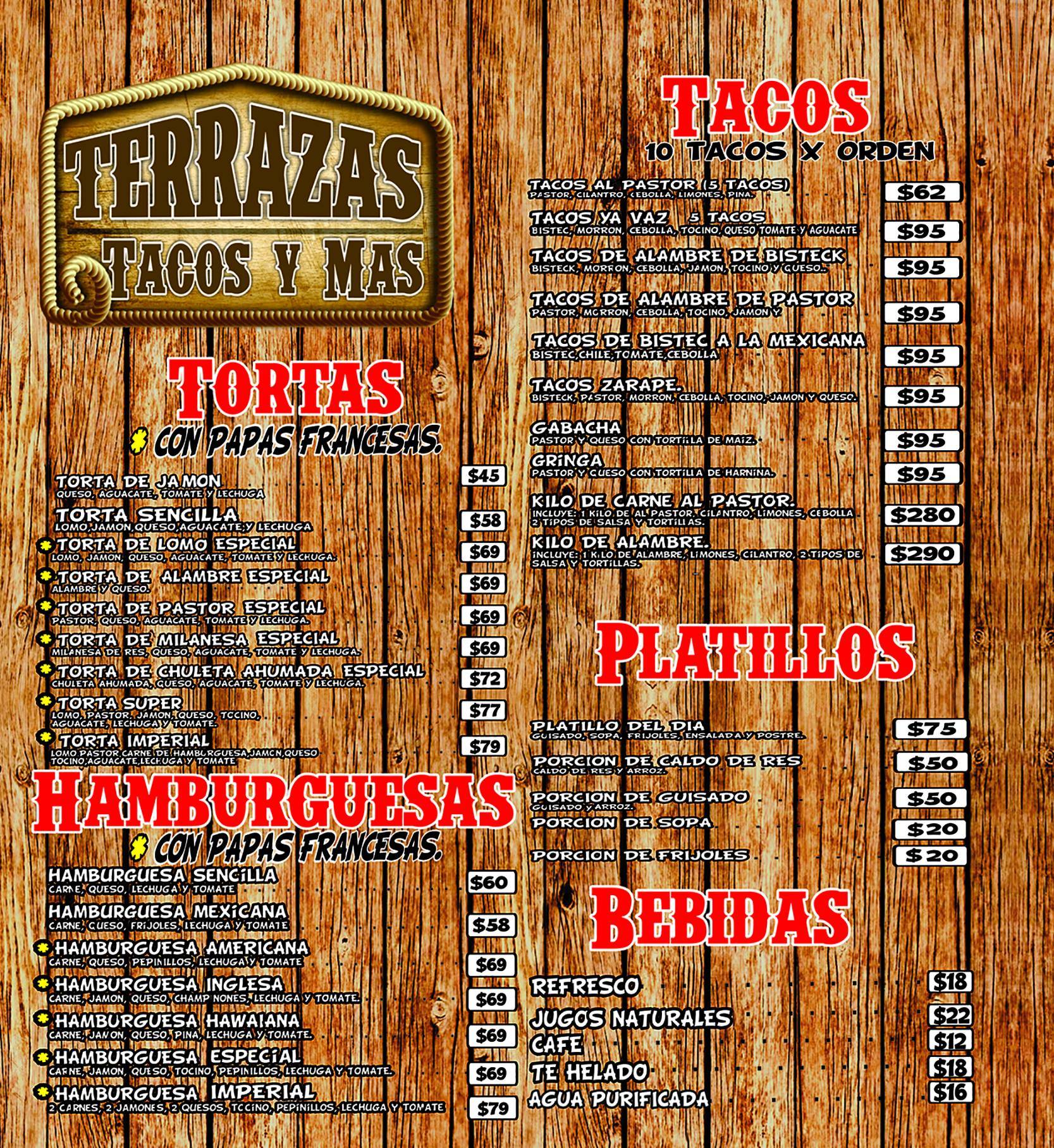 Carta de Las Terrazas Restaurant, Chihuahua
