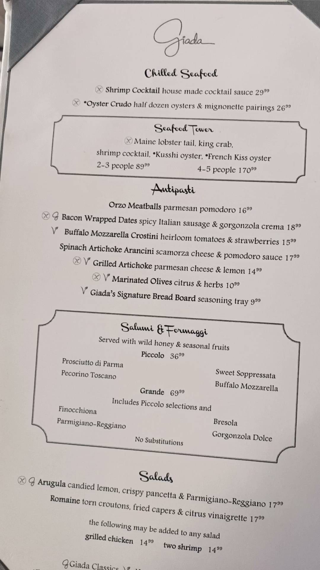 Menu at GIADA restaurant, Las Vegas, Las Vegas Blvd S