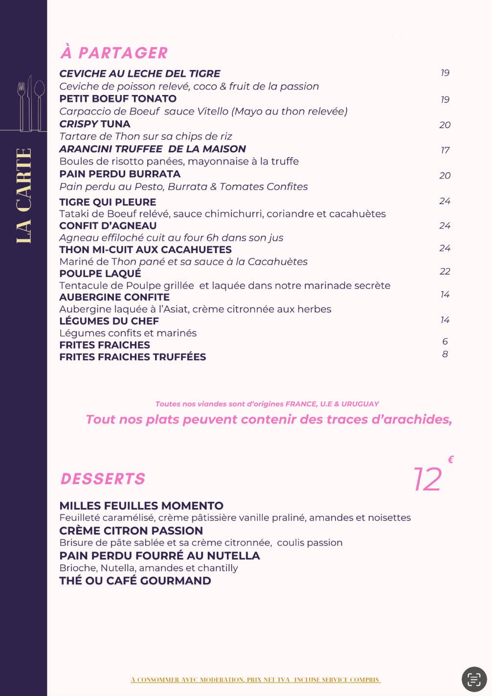 Carta de L'atelier Venture Restaurant, Marsella