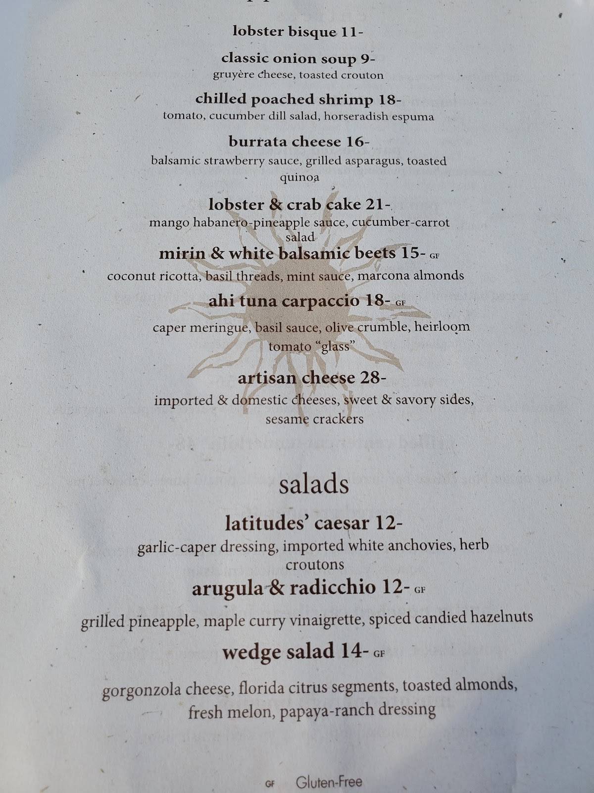 Menu at Latitudes - Sunset Key Cottages restaurant, Key West, 245 Front St