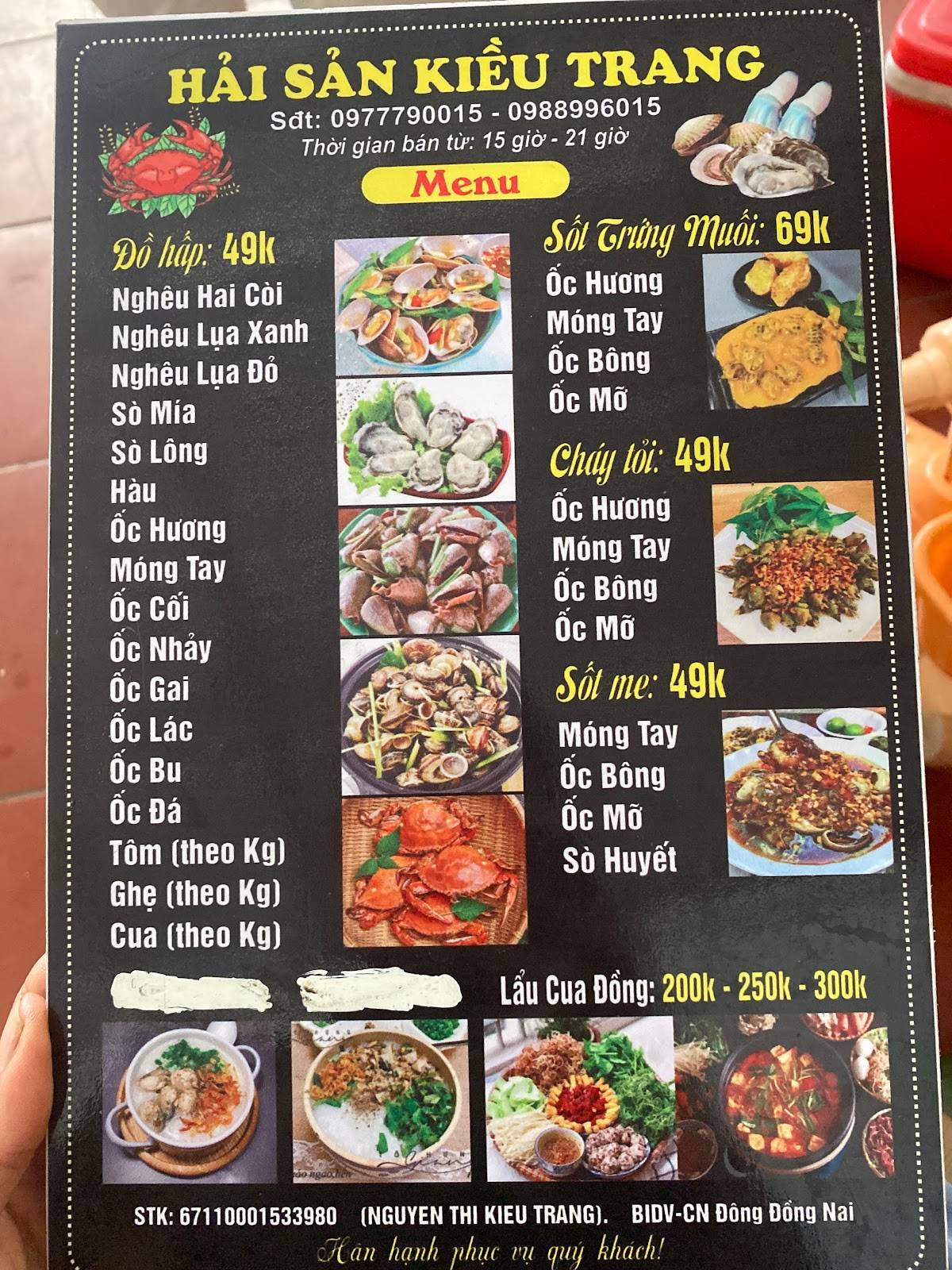 Menu at Lẩu Cua Đồng Kiều Trang restaurant, Vietnam
