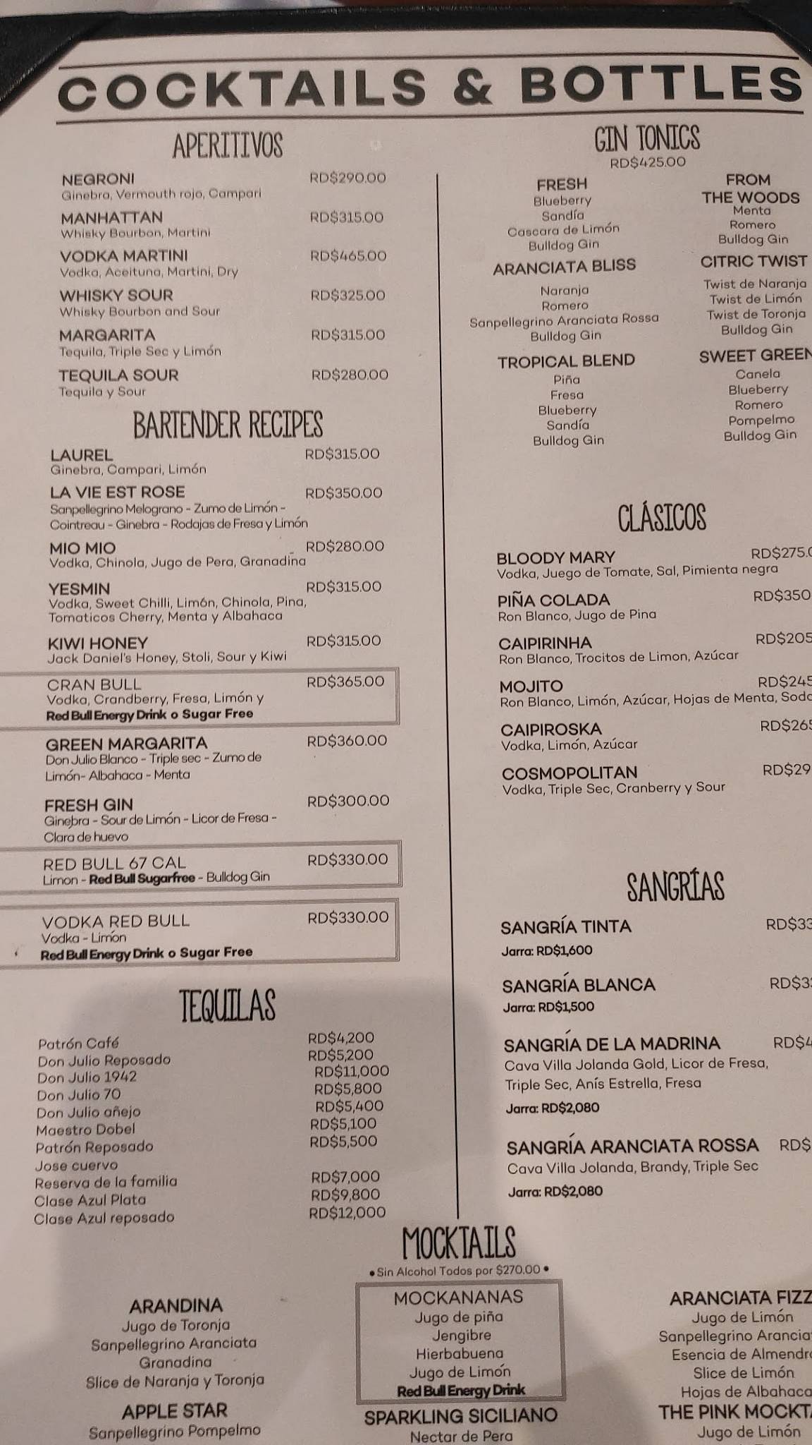 Carta del restaurante Laurel, Santo Domingo