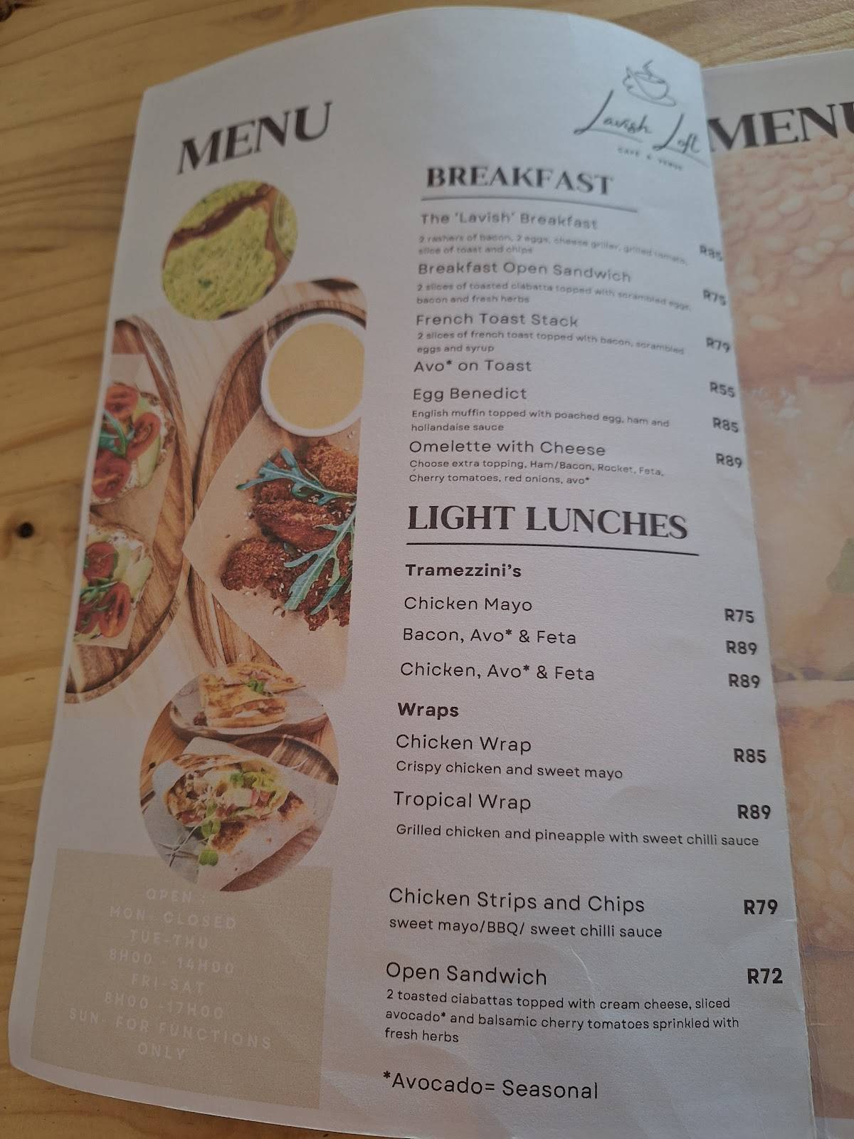 Menu at Lavish Loft Cafe and Venue, Pretoria