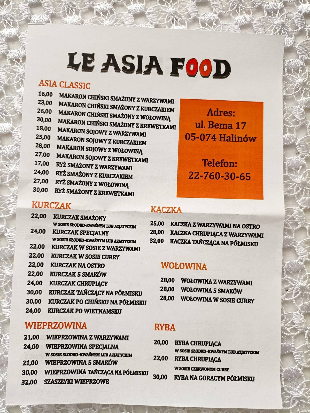 Menu at Le Asia Food restaurant, Halinów