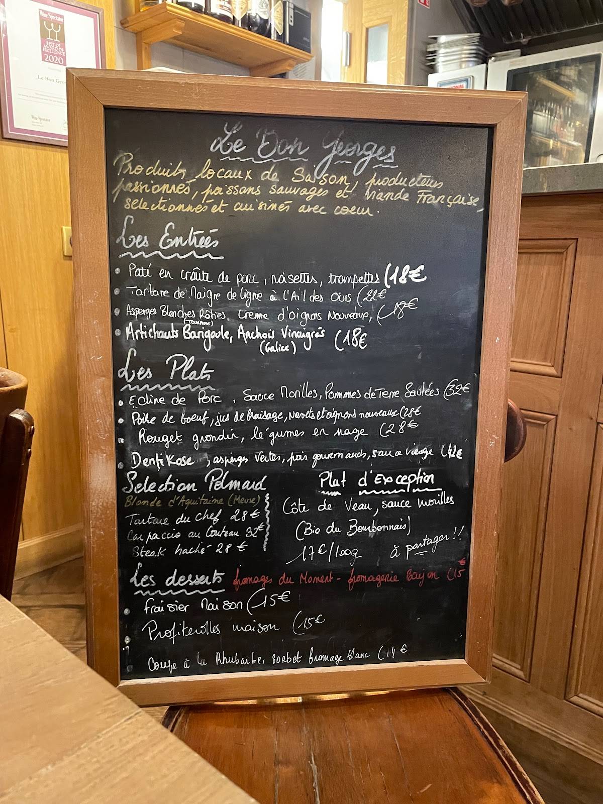 Menu at Le Bon Georges restaurant, Paris, 45 Rue Saint-Georges