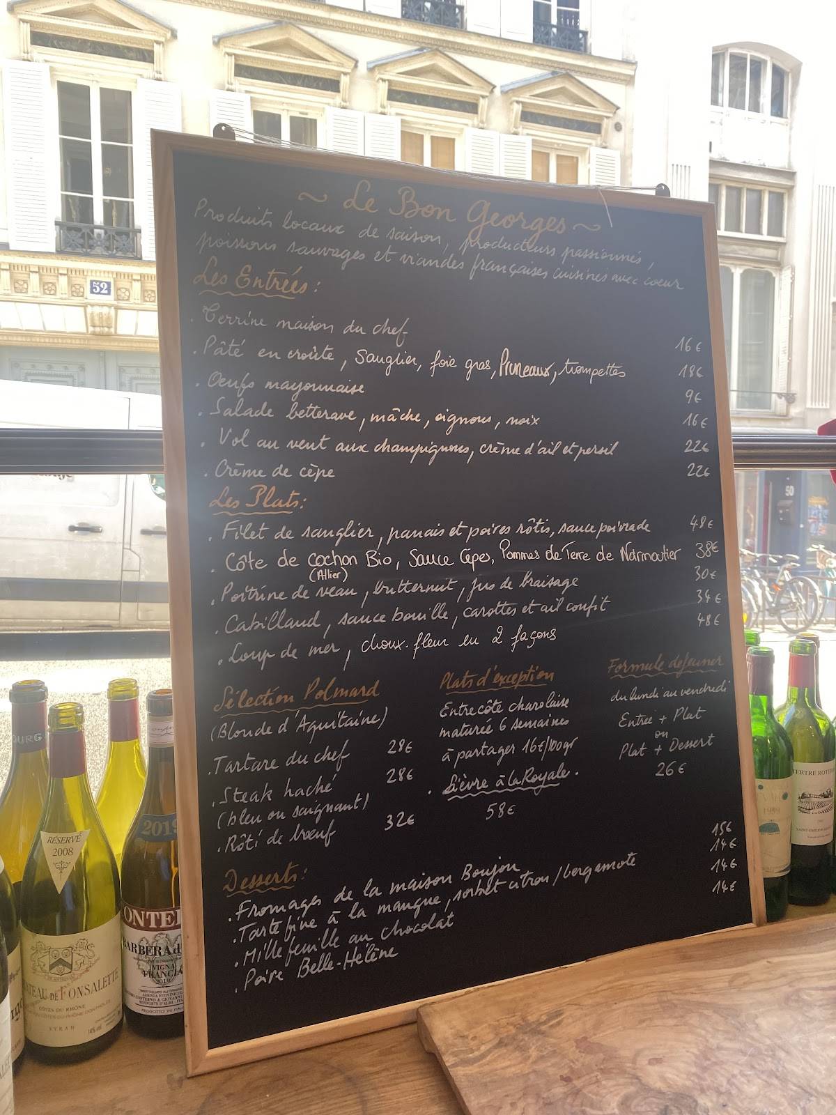 Menu at Le Bon Georges restaurant, Paris, 45 Rue Saint-Georges