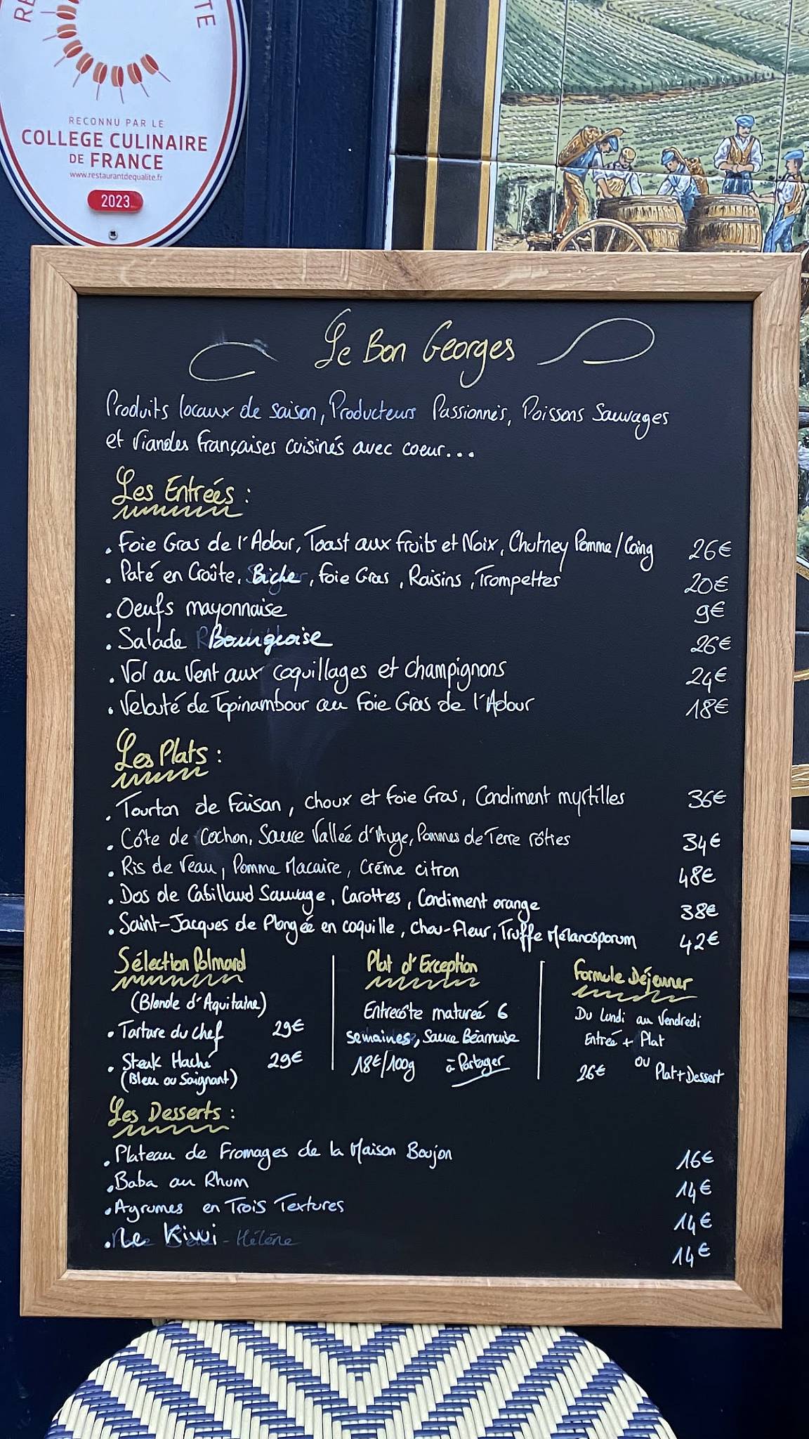 Menu at Le Bon Georges restaurant, Paris, 45 Rue Saint-Georges
