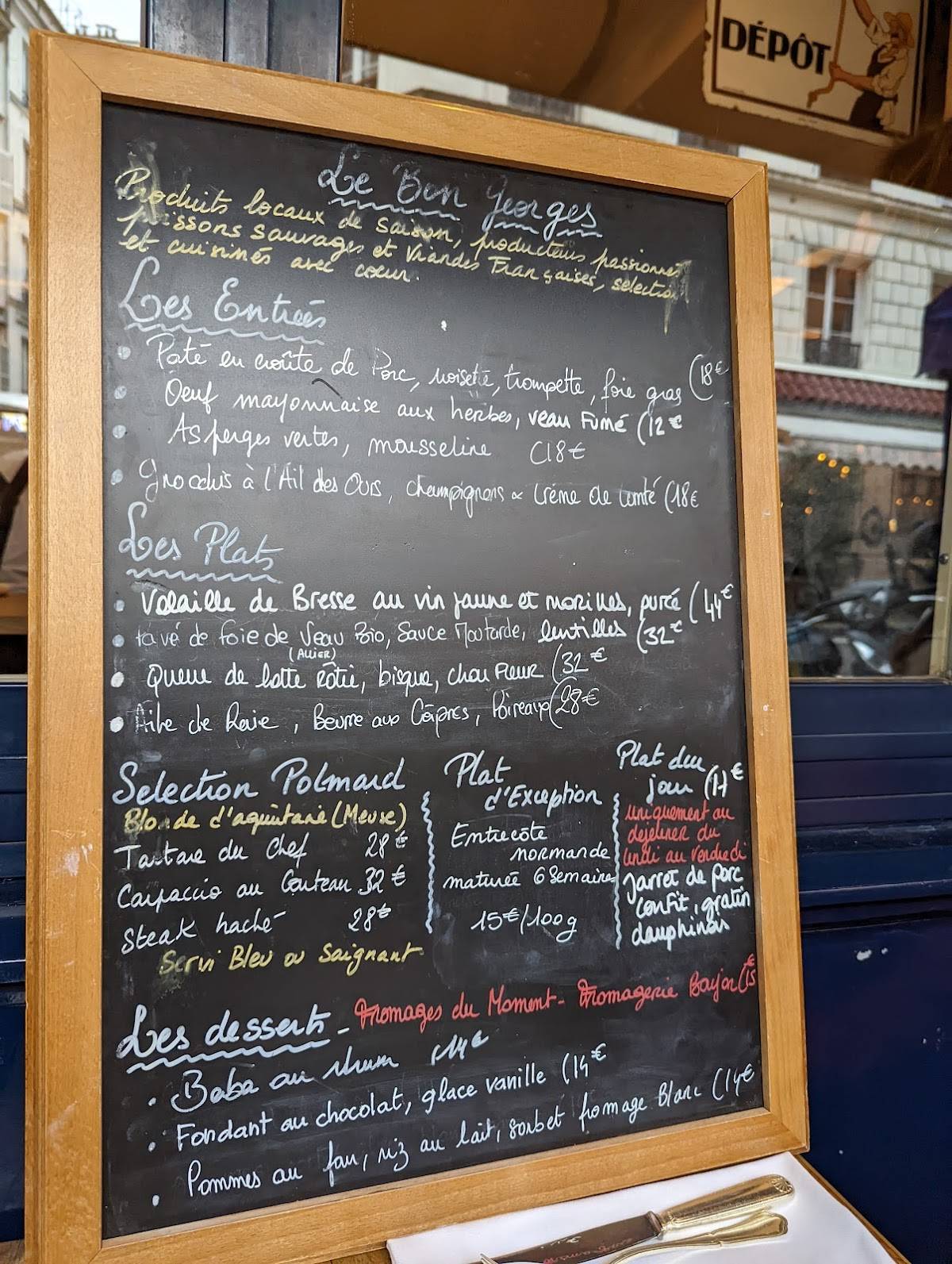 Menu at Le Bon Georges restaurant, Paris, 45 Rue Saint-Georges