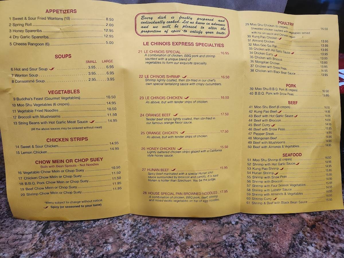Menu au Le Chinois Express restaurant, Hamilton