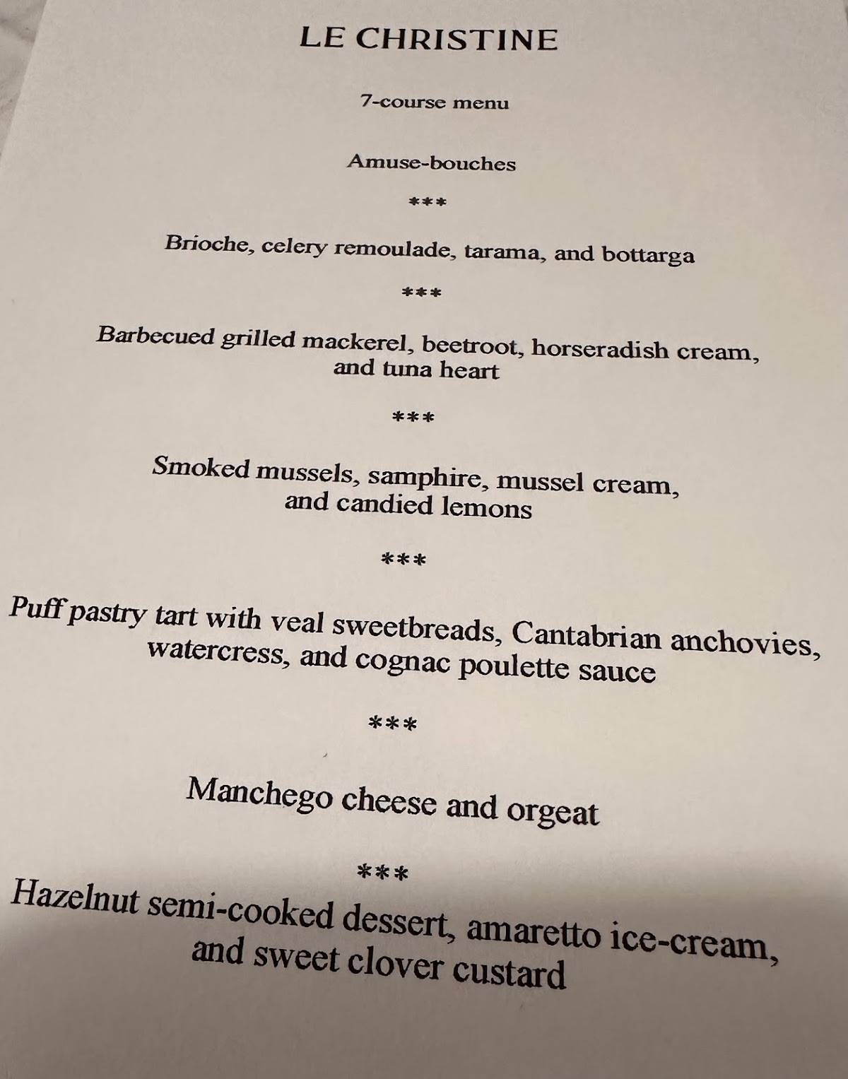 Menu at Le Christine restaurant, Paris, 1 Rue Christine