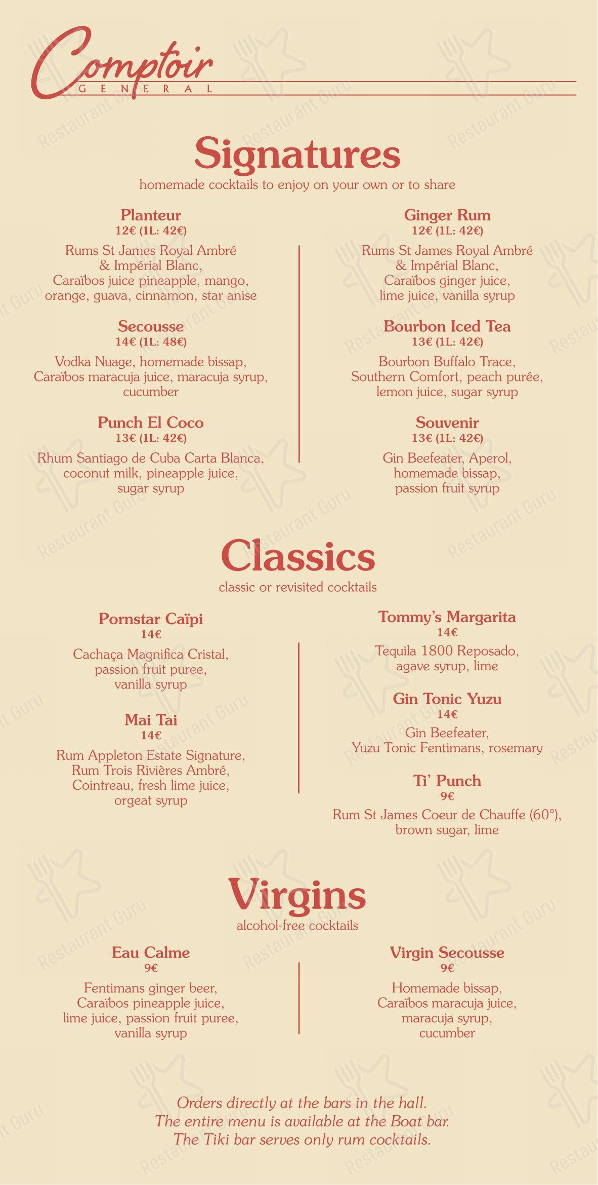 Menu at Le Comptoir Général restaurant, Paris, 84 Quai de Jemmapes
