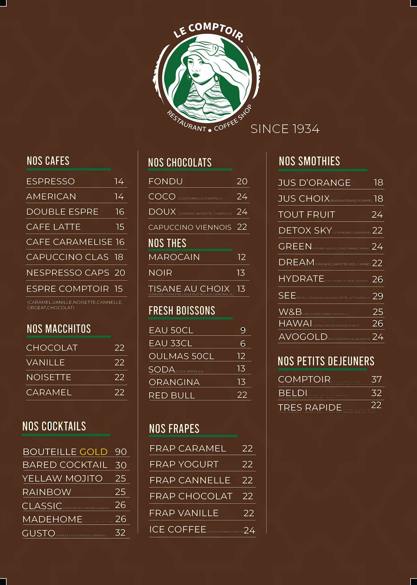 Menu au Le Comptoir restaurant, Safi