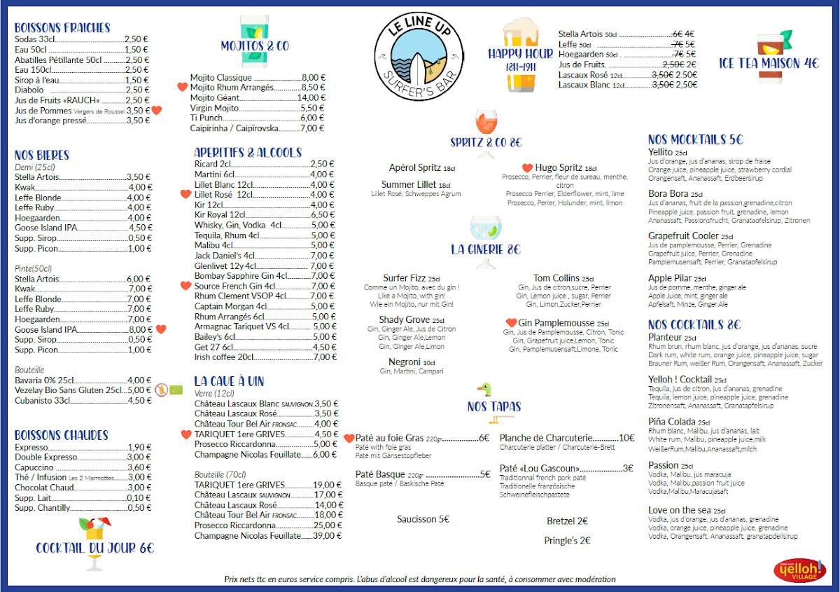 Menu au Le Line Up Bar, Lacanau