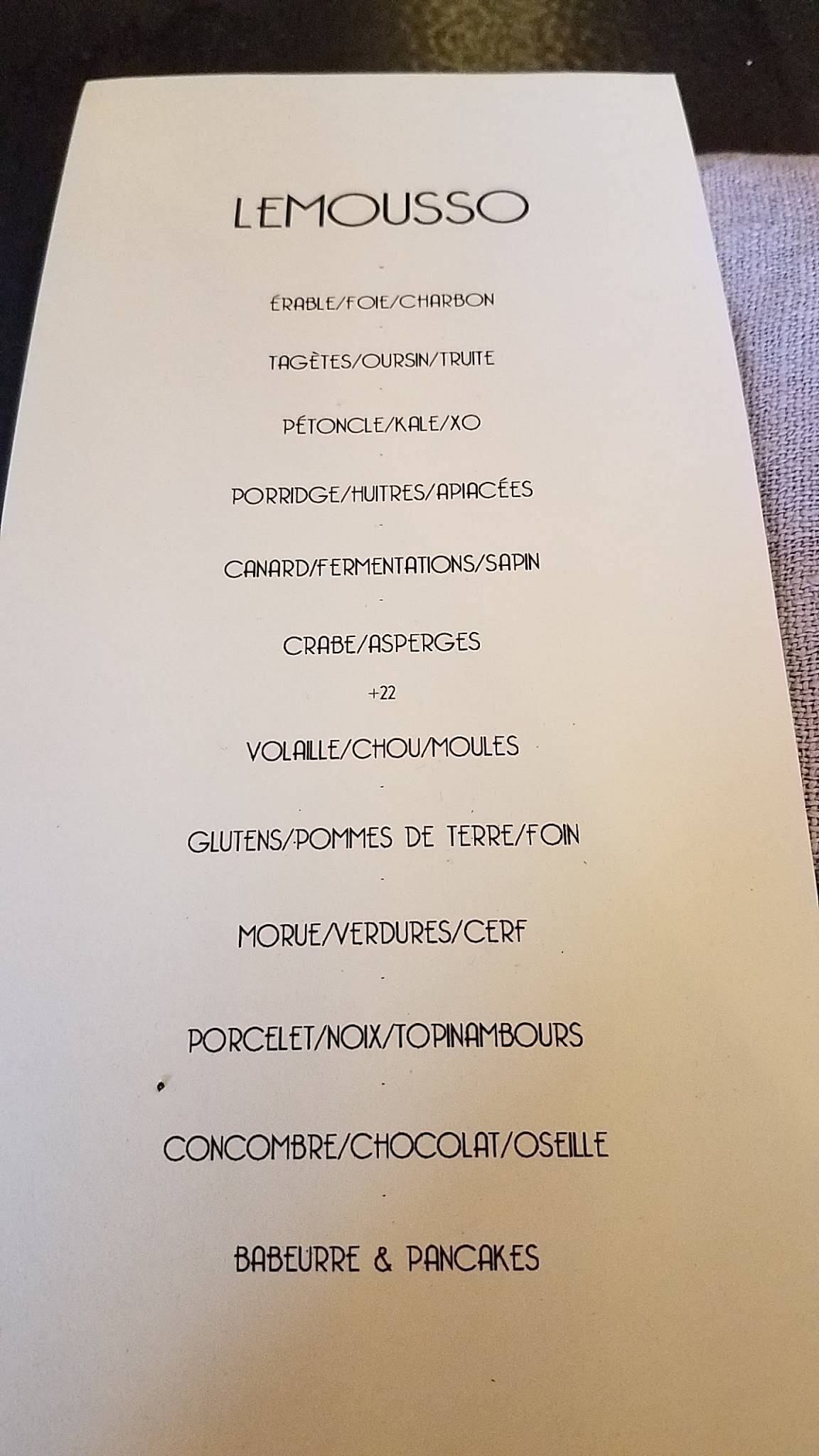 Menu at Le Mousso restaurant, Montréal, Ontario St E