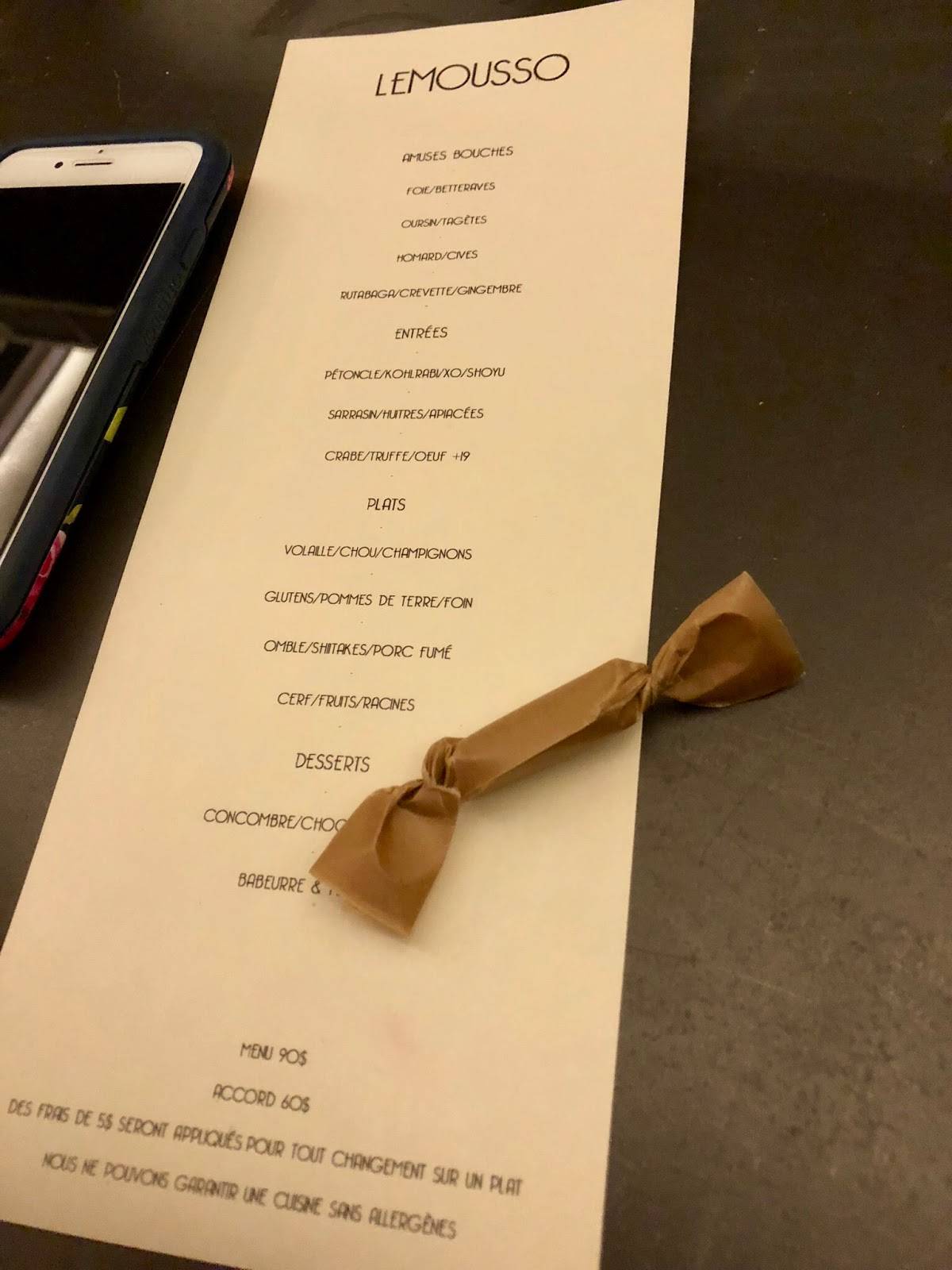 Menu at Le Mousso restaurant, Montréal, Ontario St E