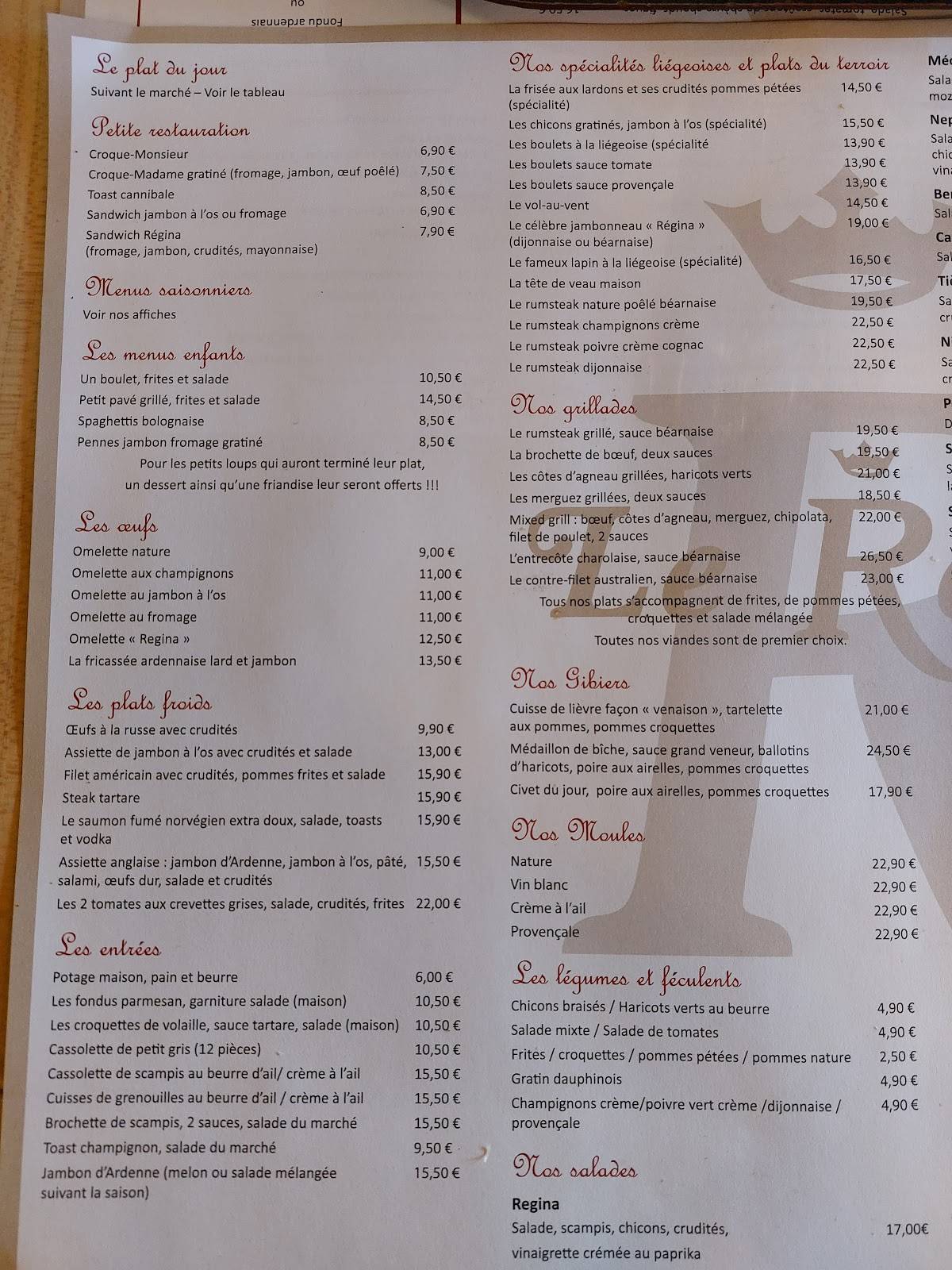 Menu au Le Régina, Liège