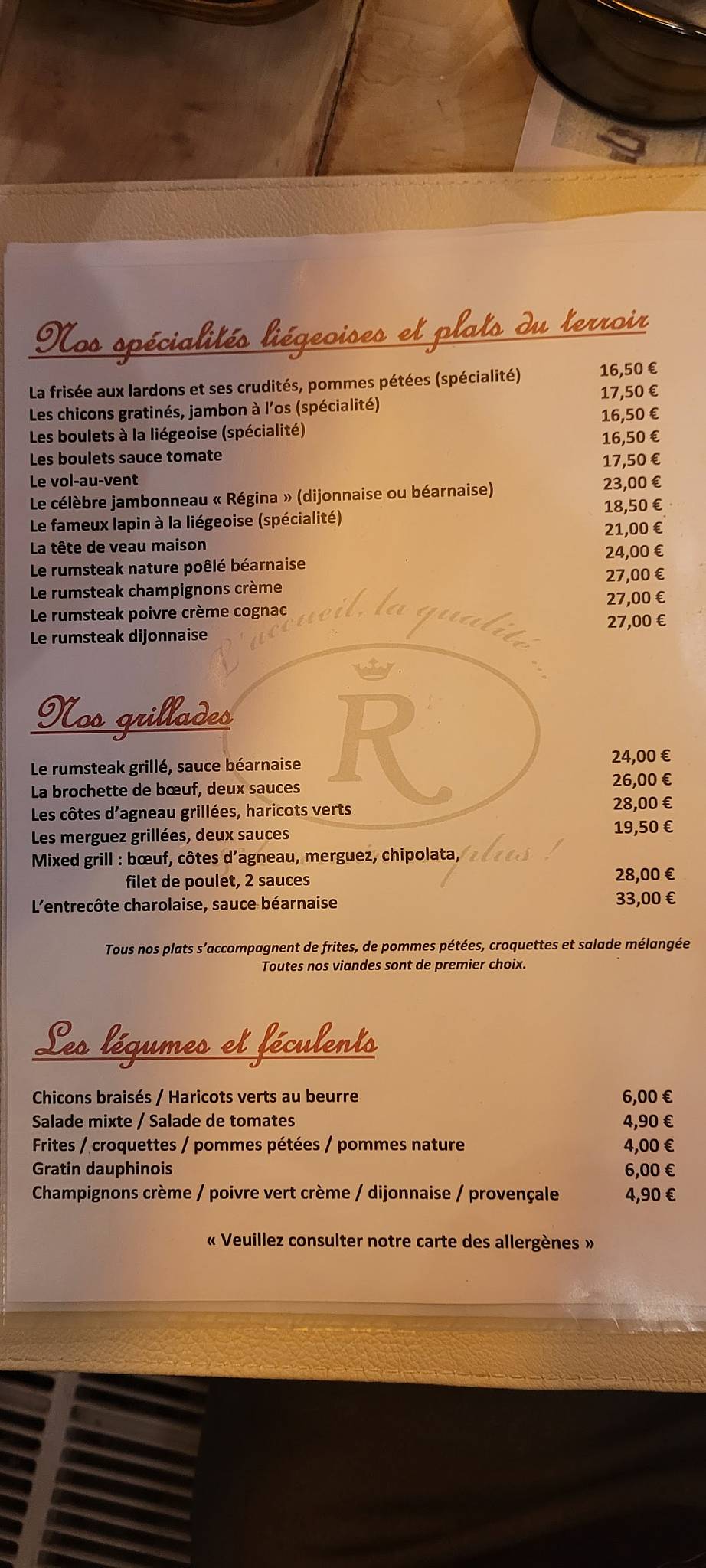 Menu au Le Régina, Liège