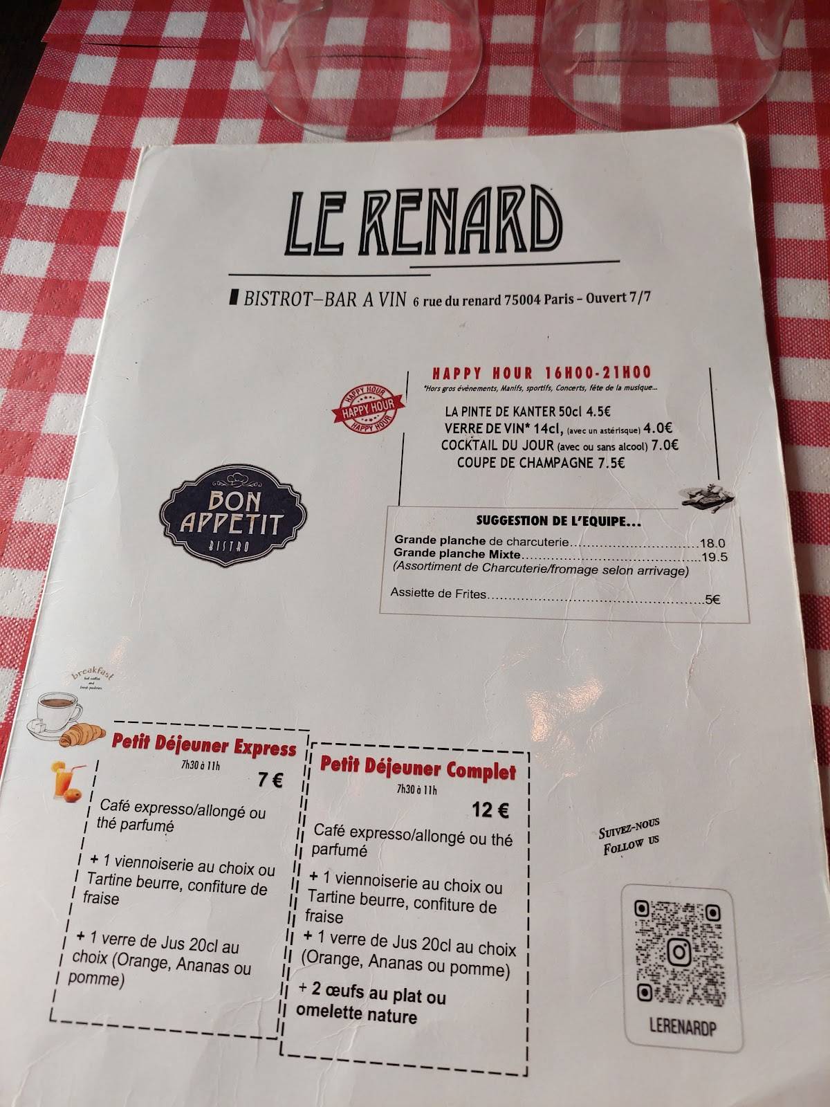 Menu au Le Renard Bistrot café, Paris, 6 Rue du Renard