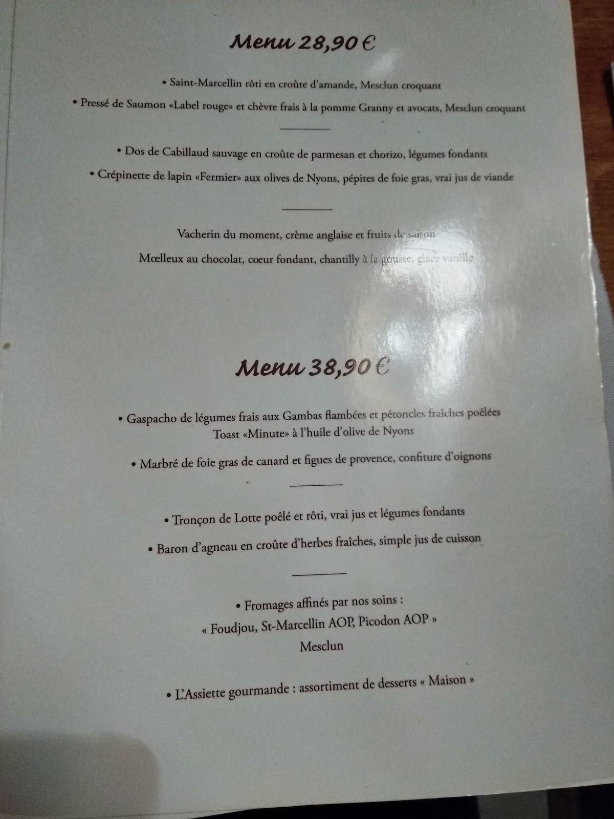 Menu au Resto des Arts restaurant, Nyons