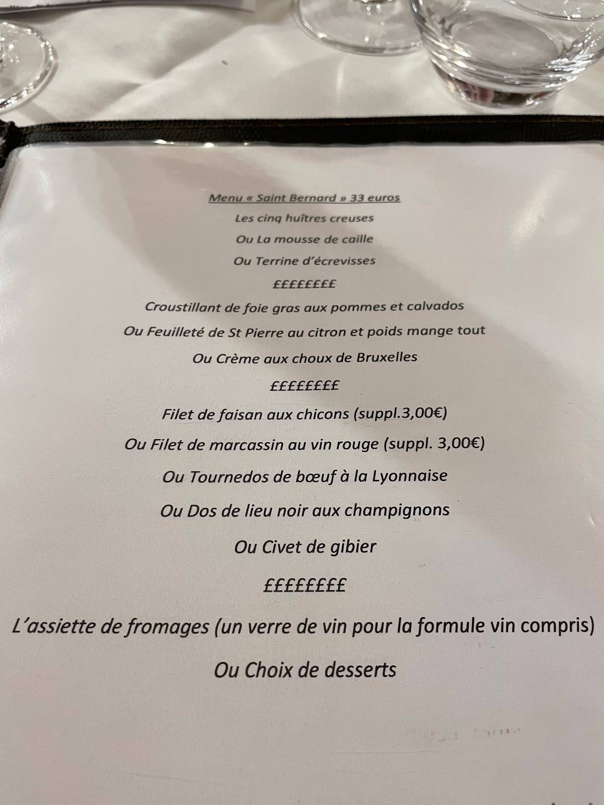 Menu au Le Saint Bernard restaurant, Villers-la-Ville