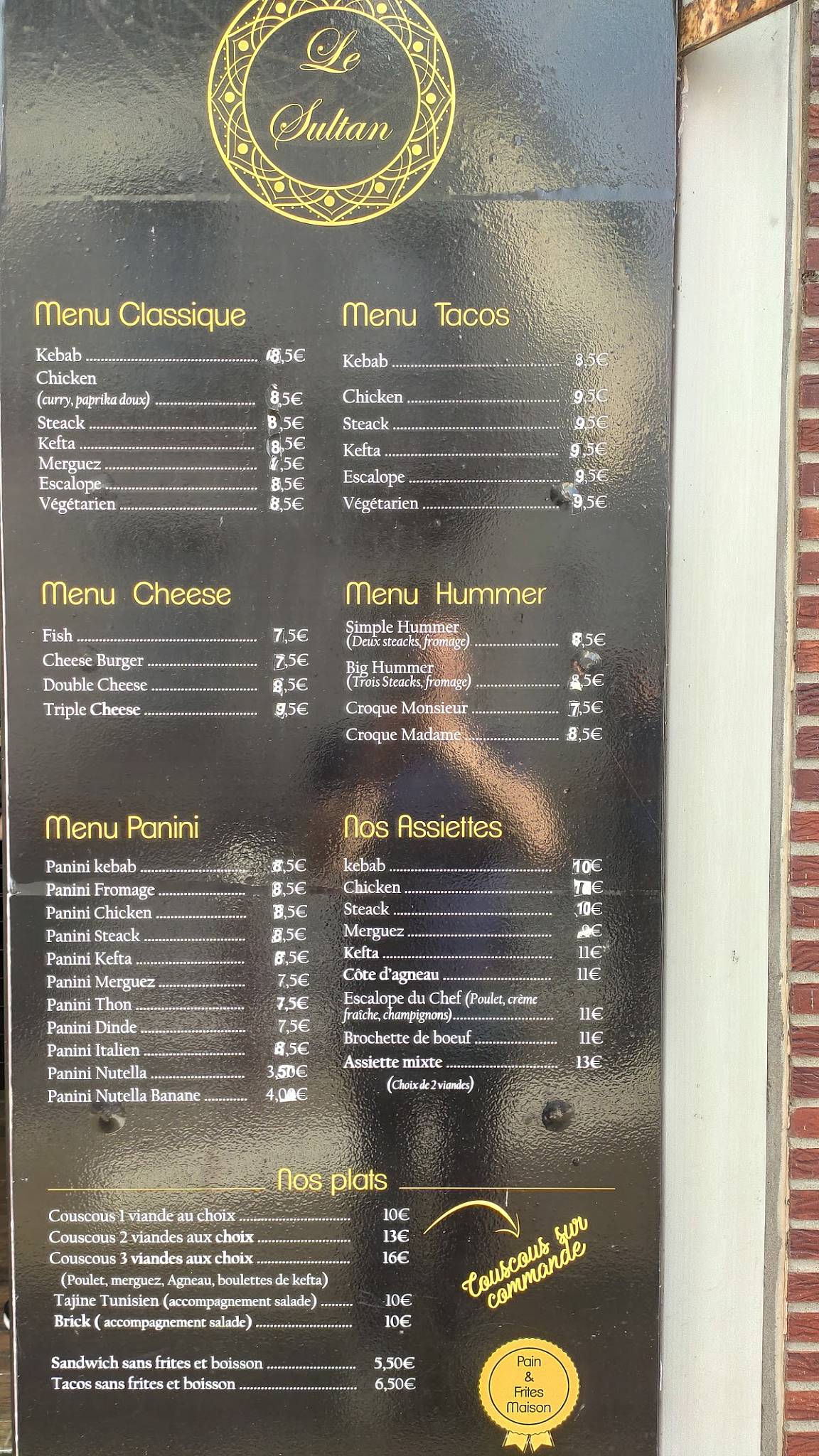 Menu au Le Sultan restaurant, Bléré