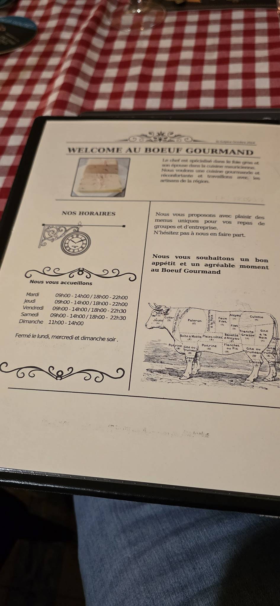 Menu au Le boeuf gourmand, Fleurier