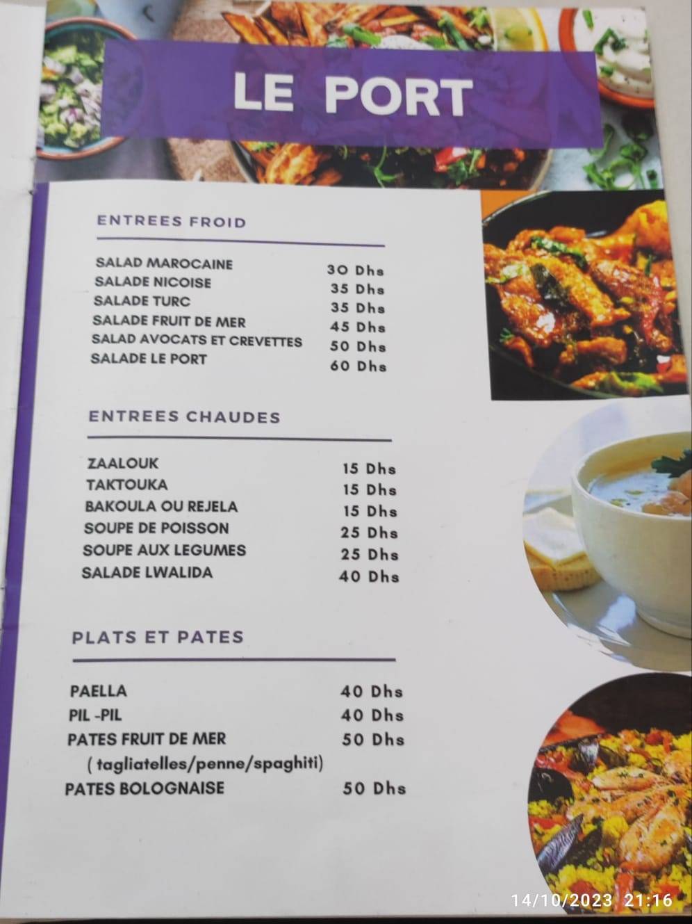 Menu au Le port restaurant, Temara