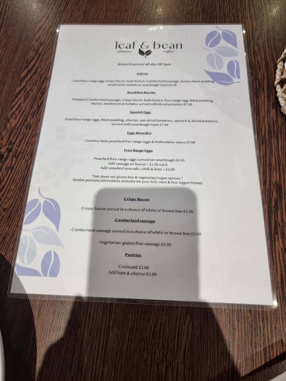 Menu at Leaf & Bean cafe, Washington