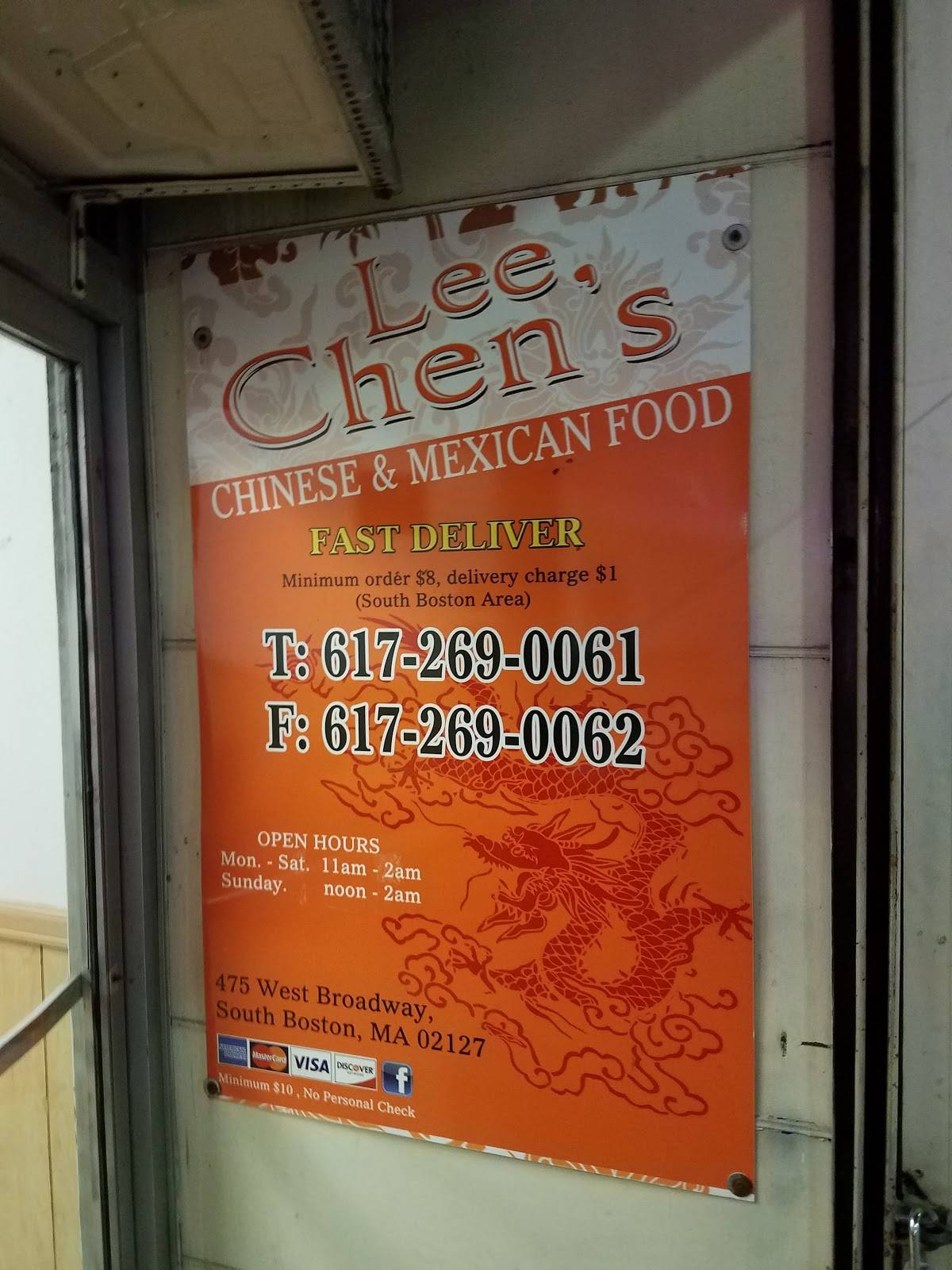 Menu at Lee Chen's restaurant, Boston
