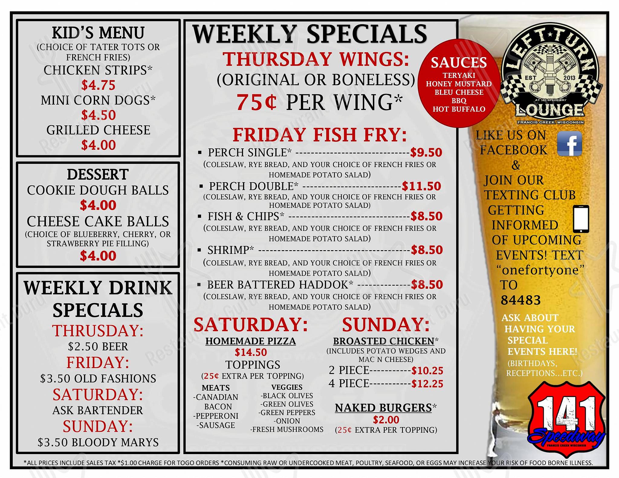 Menu at Left Turn Lounge restaurant, Maribel
