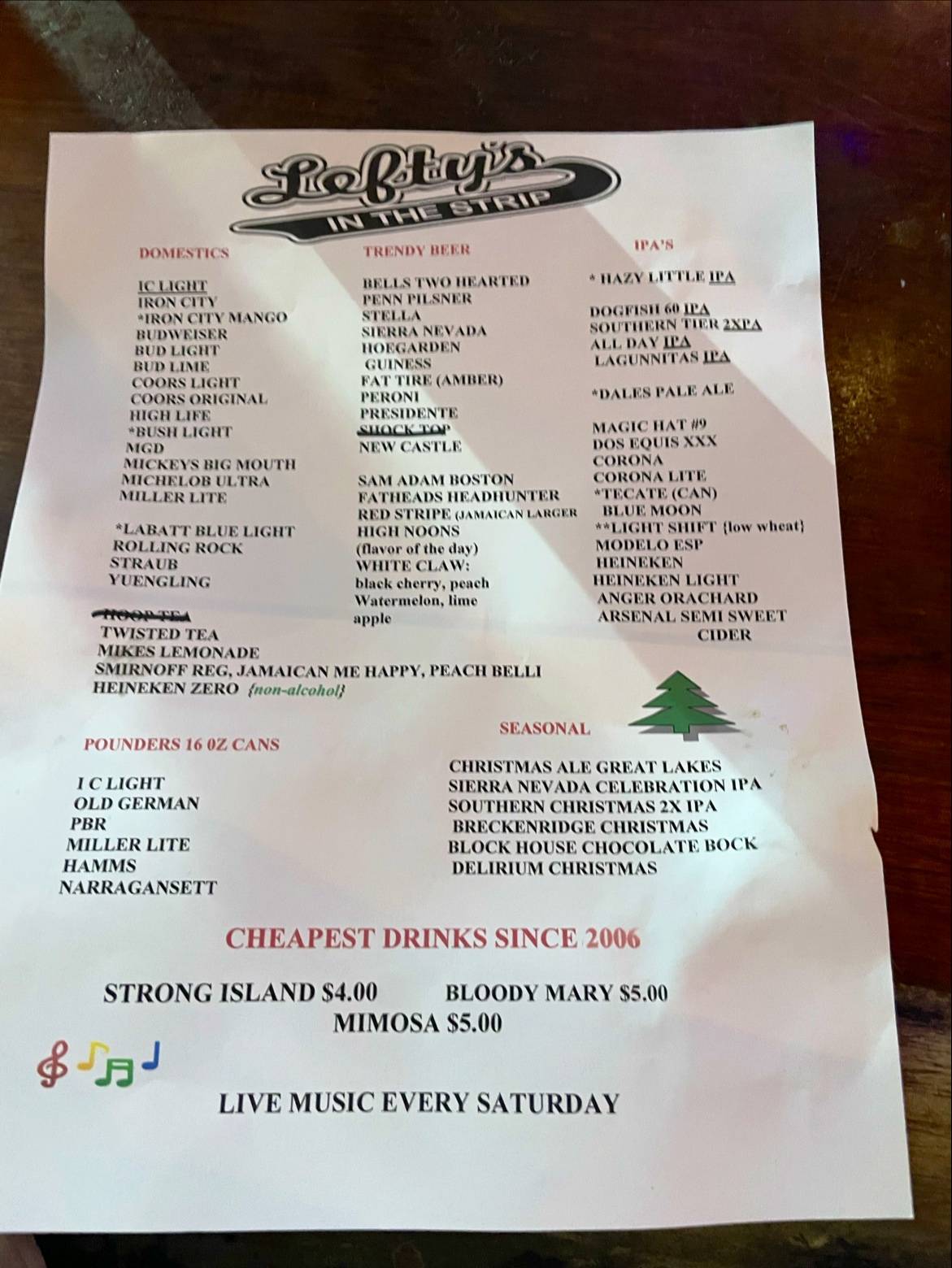 Menu at Lefty's pub & bar, Pittsburgh