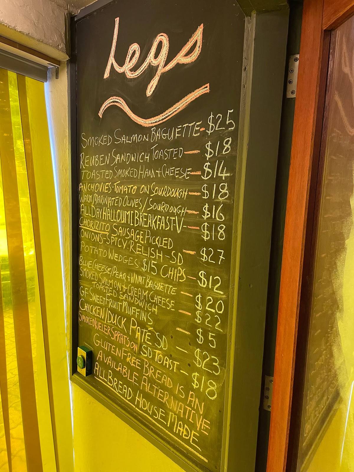 Menu at Legs restaurant, Currie