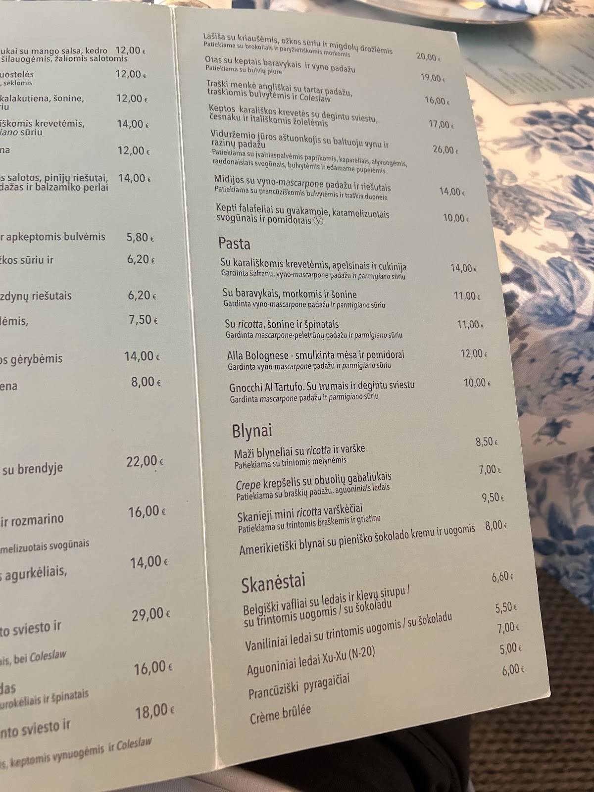Menu at Leja restaurant, Šiauliai