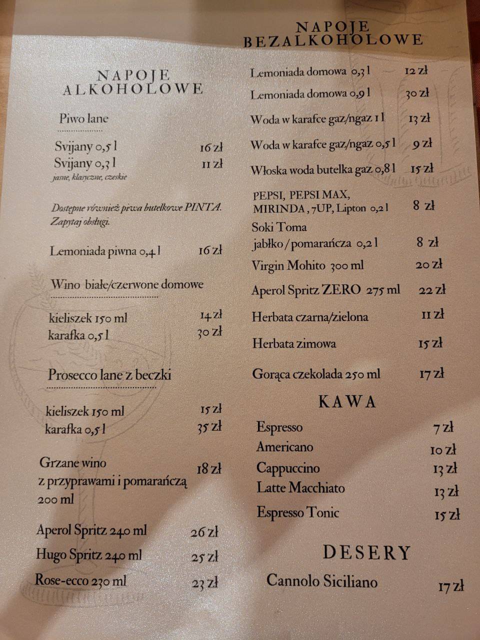 Menu at Lele Pizza restaurant, Bielsko-Biala