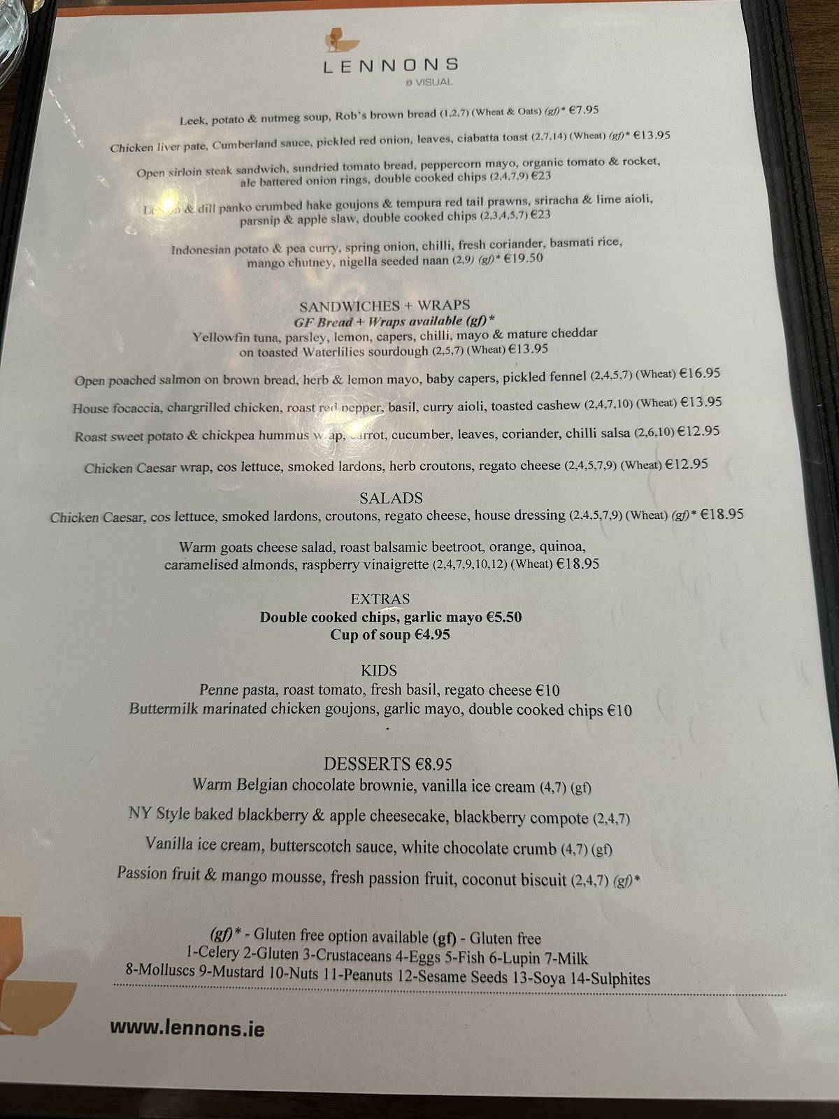 Menu at Lennons @ Visual restaurant, Carlow