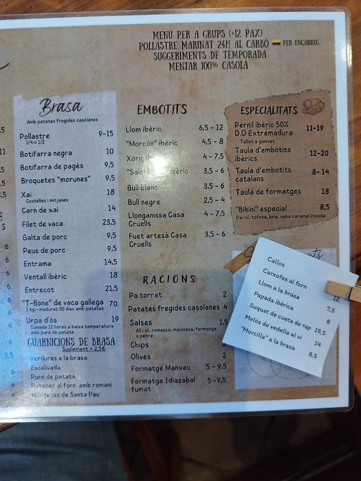 Carta del restaurante Les Teules, Arenys del Mar