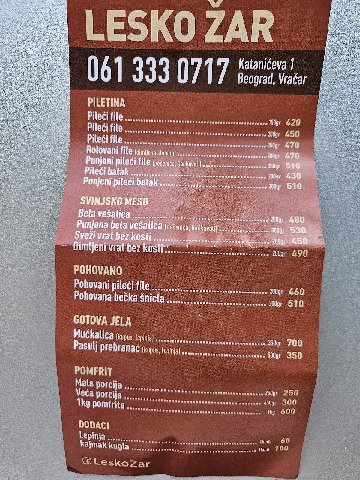 Carta del restaurante Lesko Zar, Belgrado, Katanićeva 1