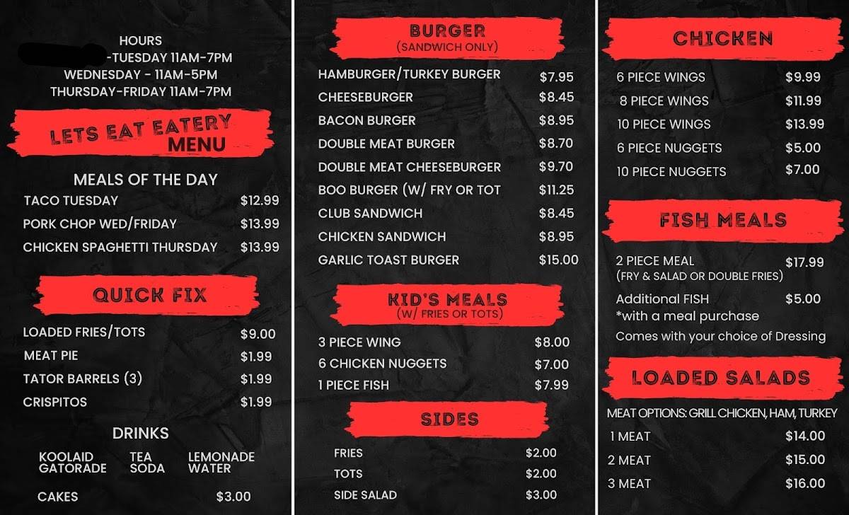 Menu at Let's Eat Eatery restaurant, Marshall
