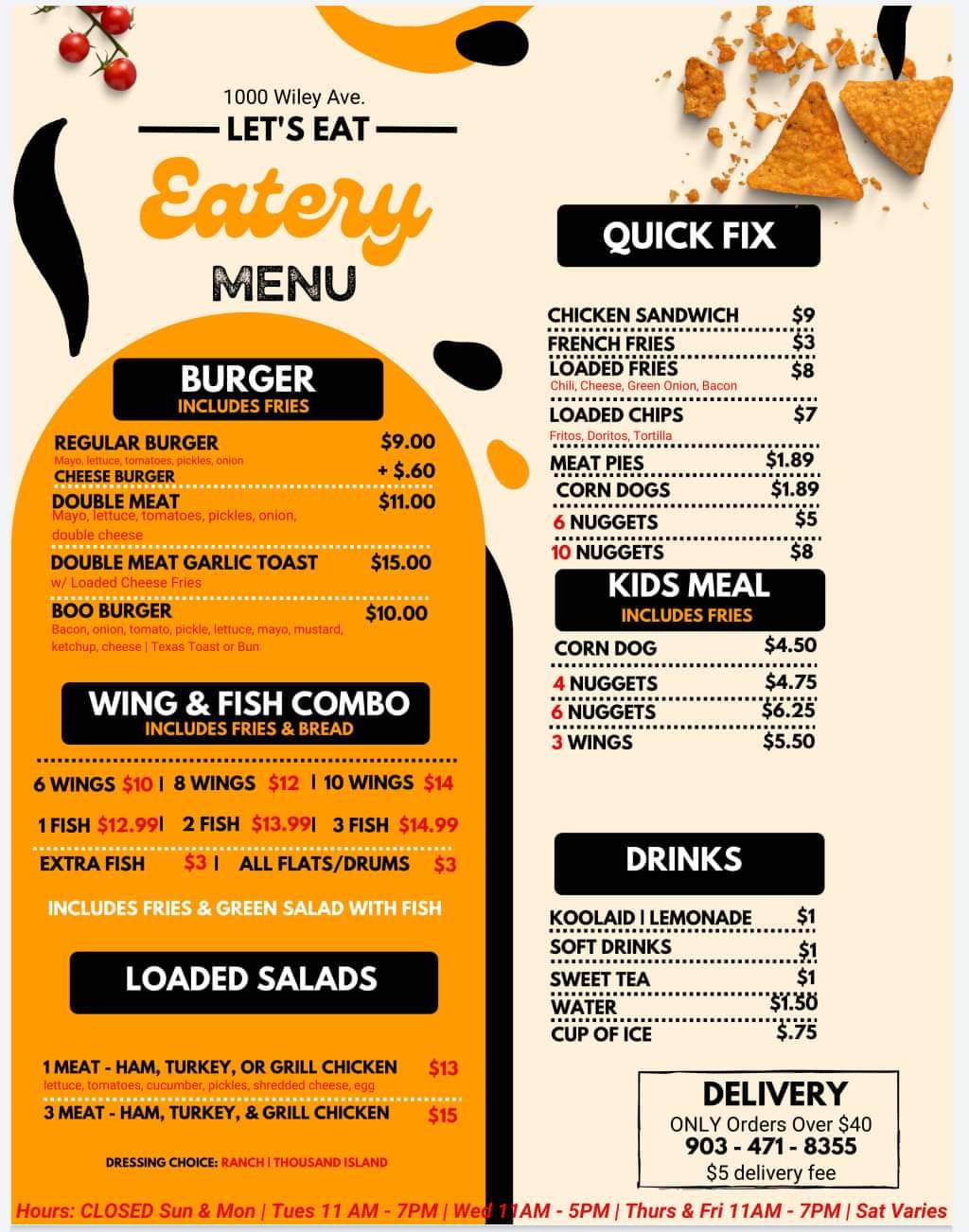 Menu at Let's Eat Eatery restaurant, Marshall