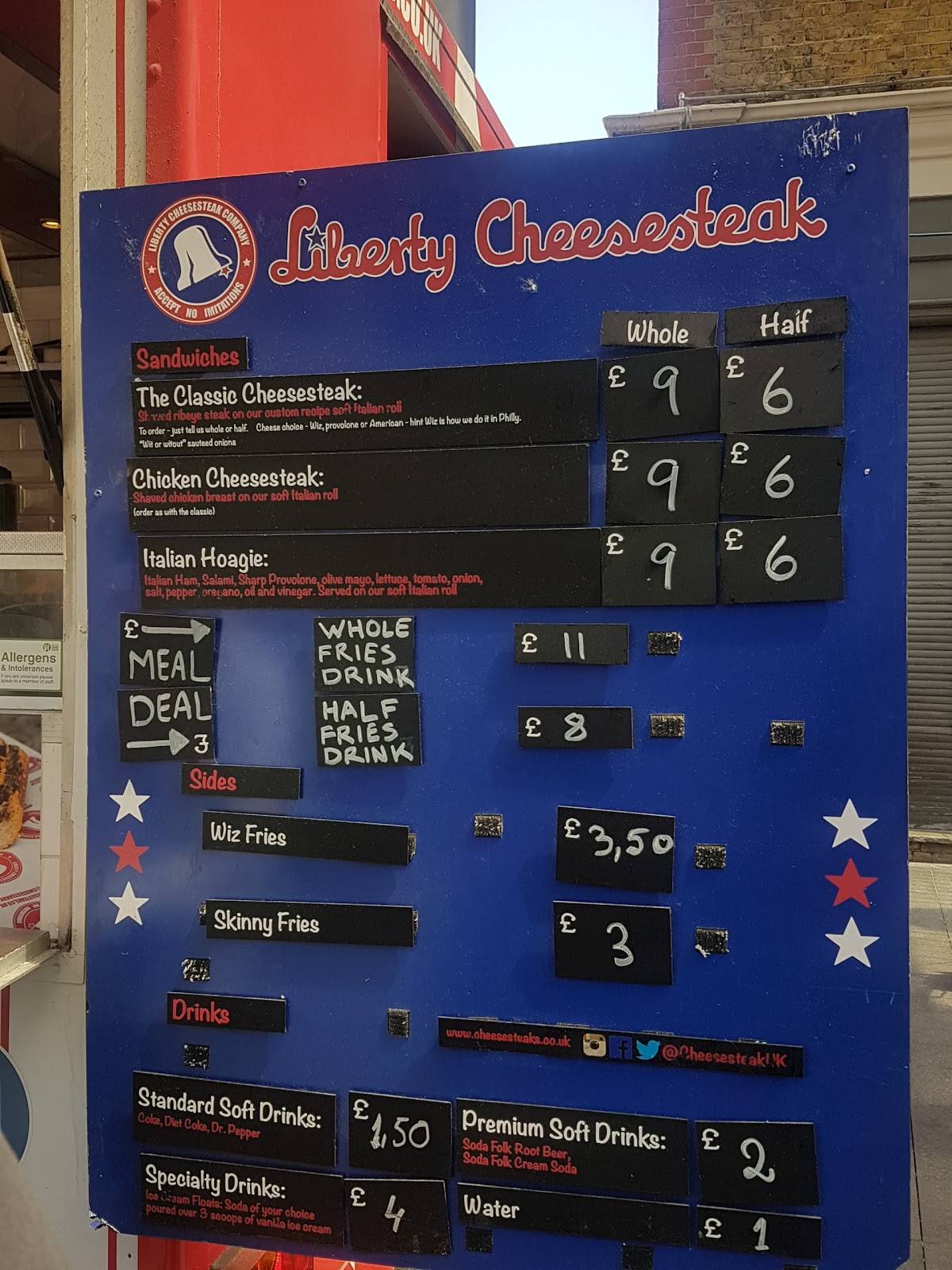 Menu at Liberty Cheesesteak Company restaurant, London, 6 Lamb St