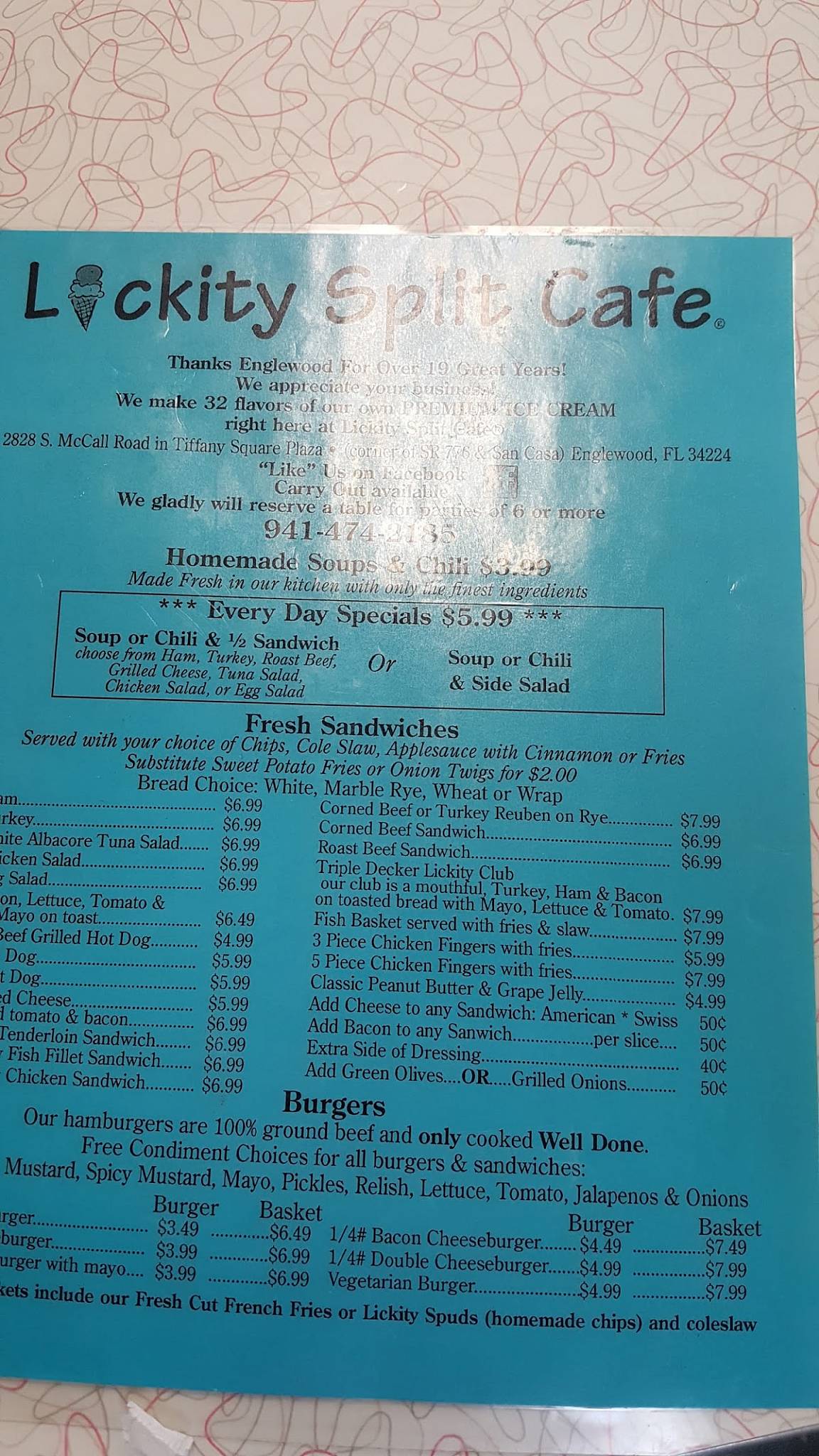 Menu at Lickity Split Cafe, Englewood